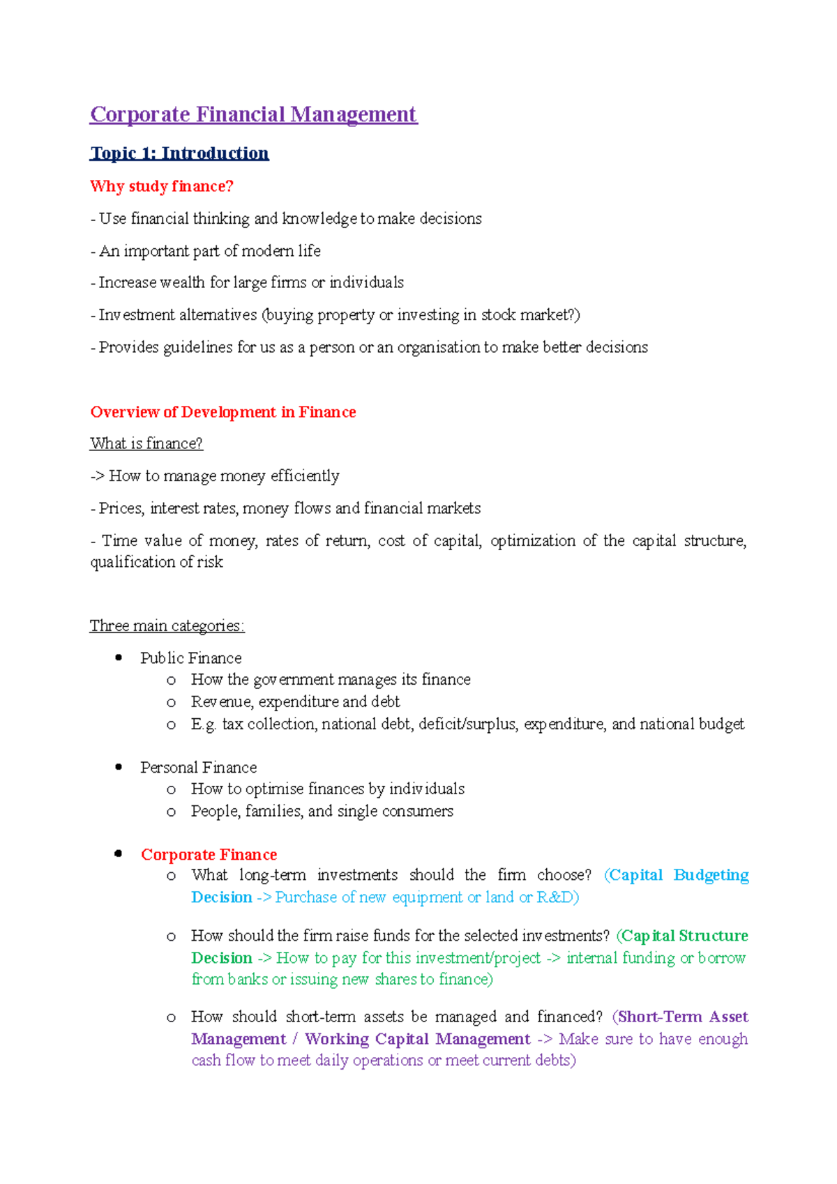 CFM Notes - Practice - Corporate Financial Management Topic 1 ...