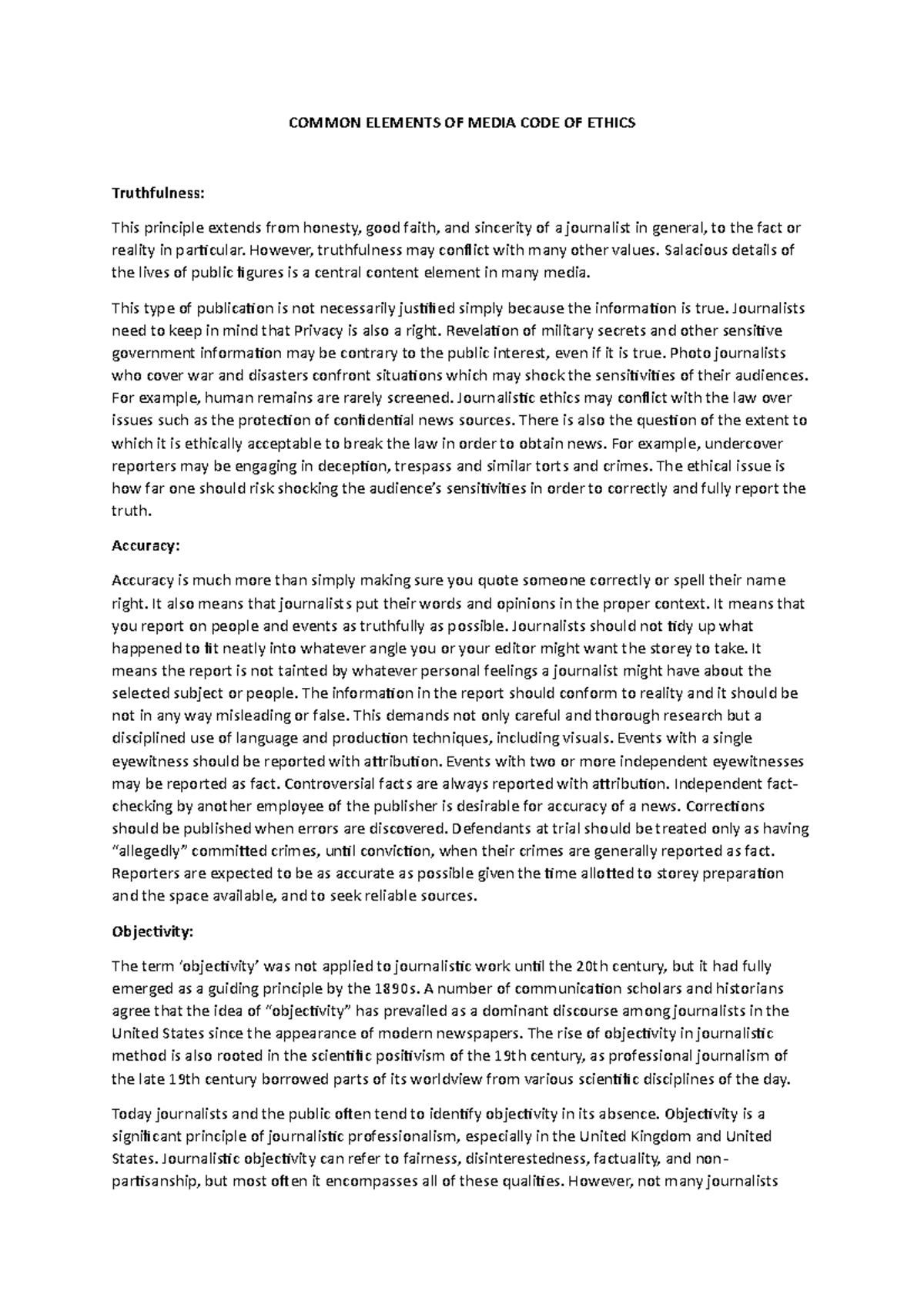 Common Elements OF Media CODE OF Ethics - COMMON ELEMENTS OF MEDIA CODE ...