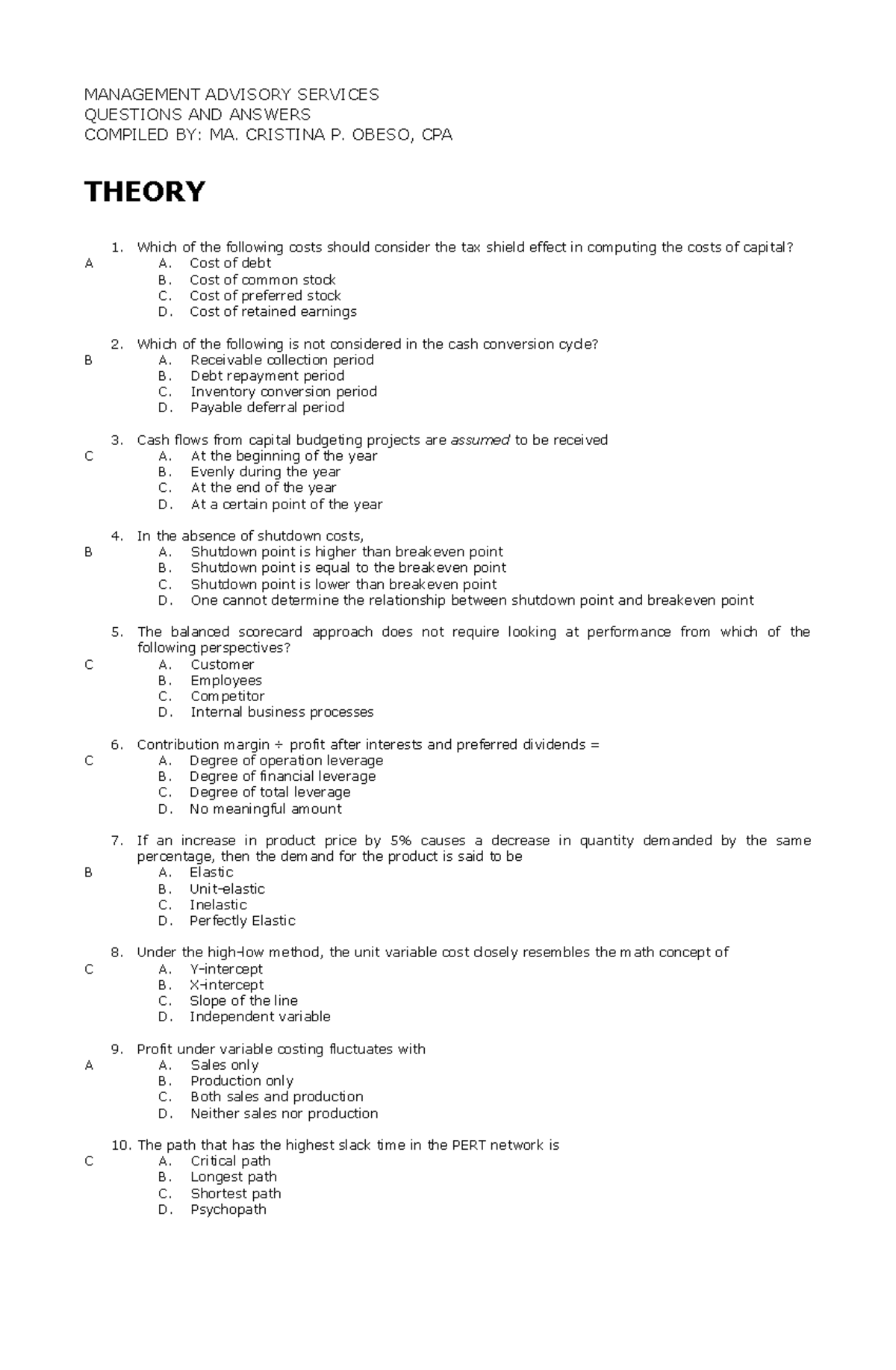MAS Compilation of Questions - MANAGEMENT ADVISORY SERVICES QUESTIONS ...