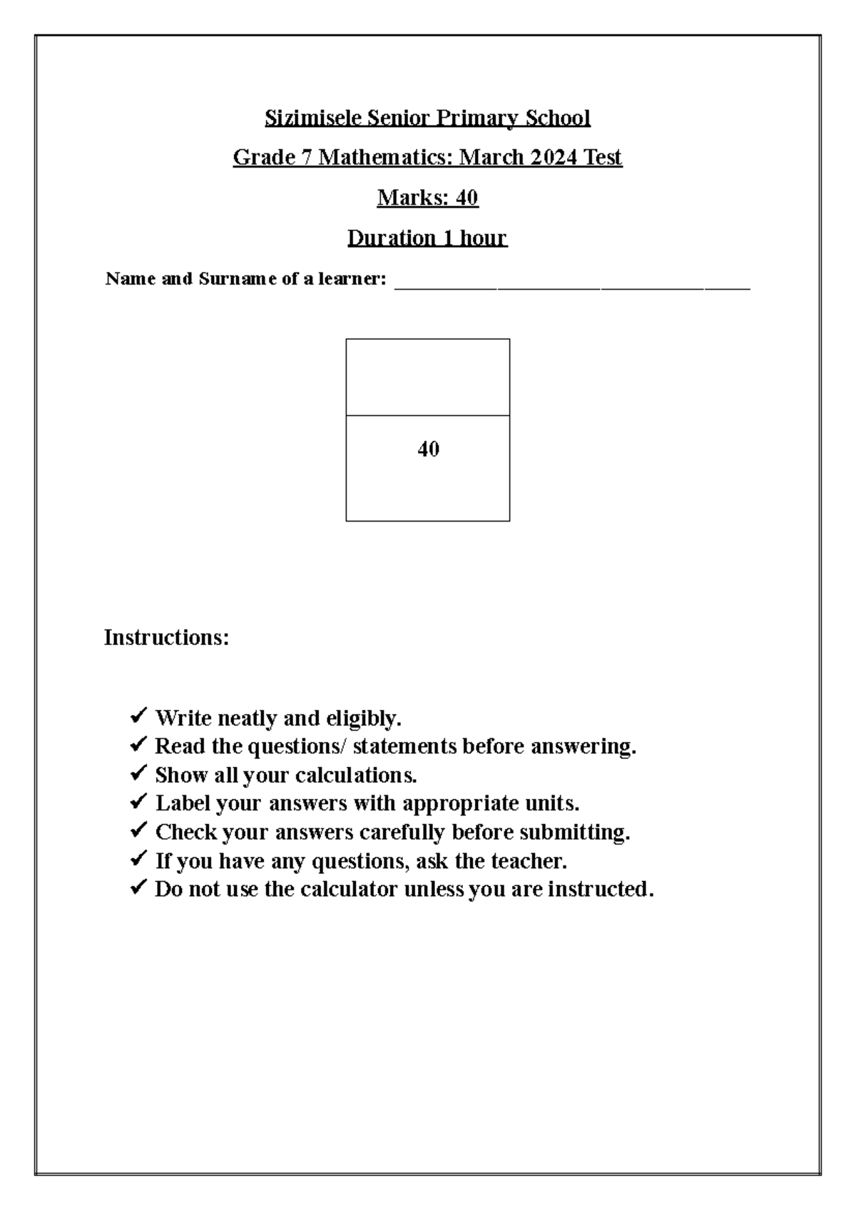 Grade 7 maths test - Sizimisele Senior Primary School Grade 7 ...