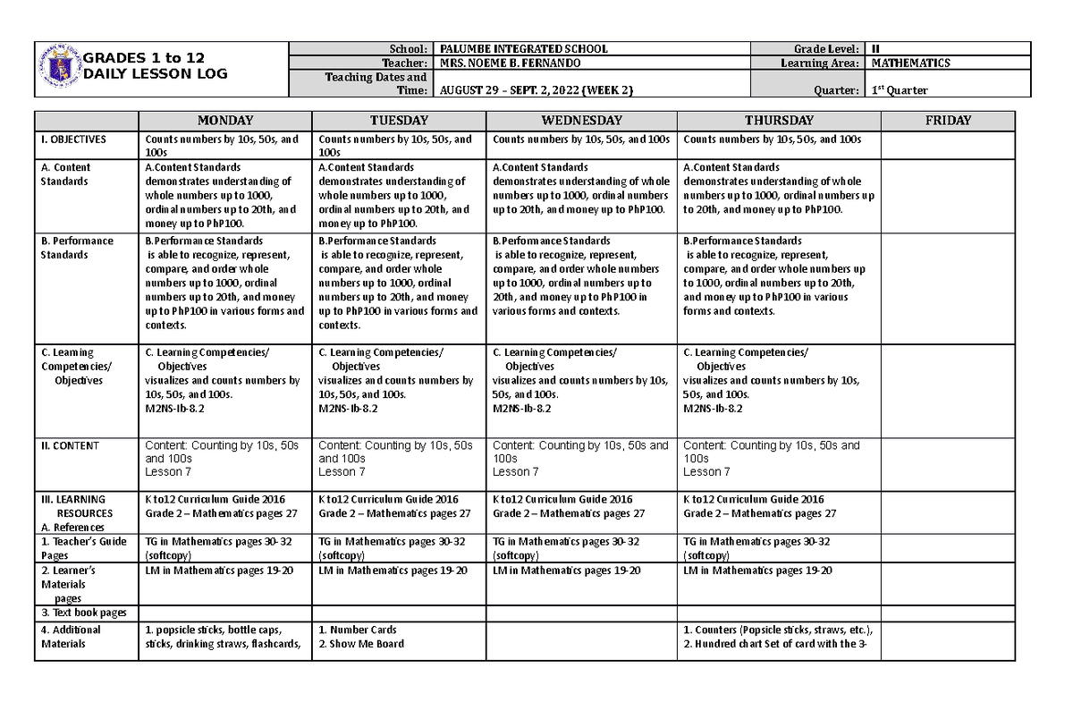 DLL Mathematics 2 Q1 W2 - bsjsjs - GRADES 1 to 12 DAILY LESSON LOG ...