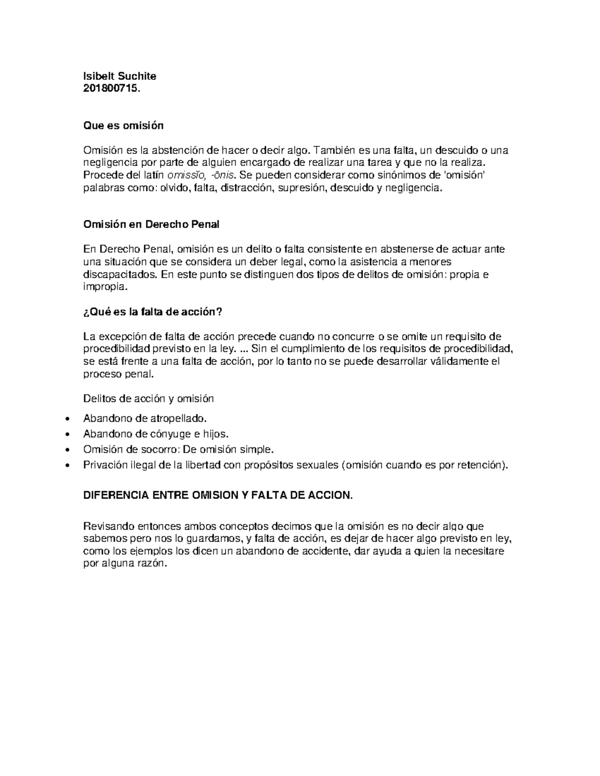 Diferencia Entre Omision Y Falta DE Accion - Isibelt Suchite 201800715 ...