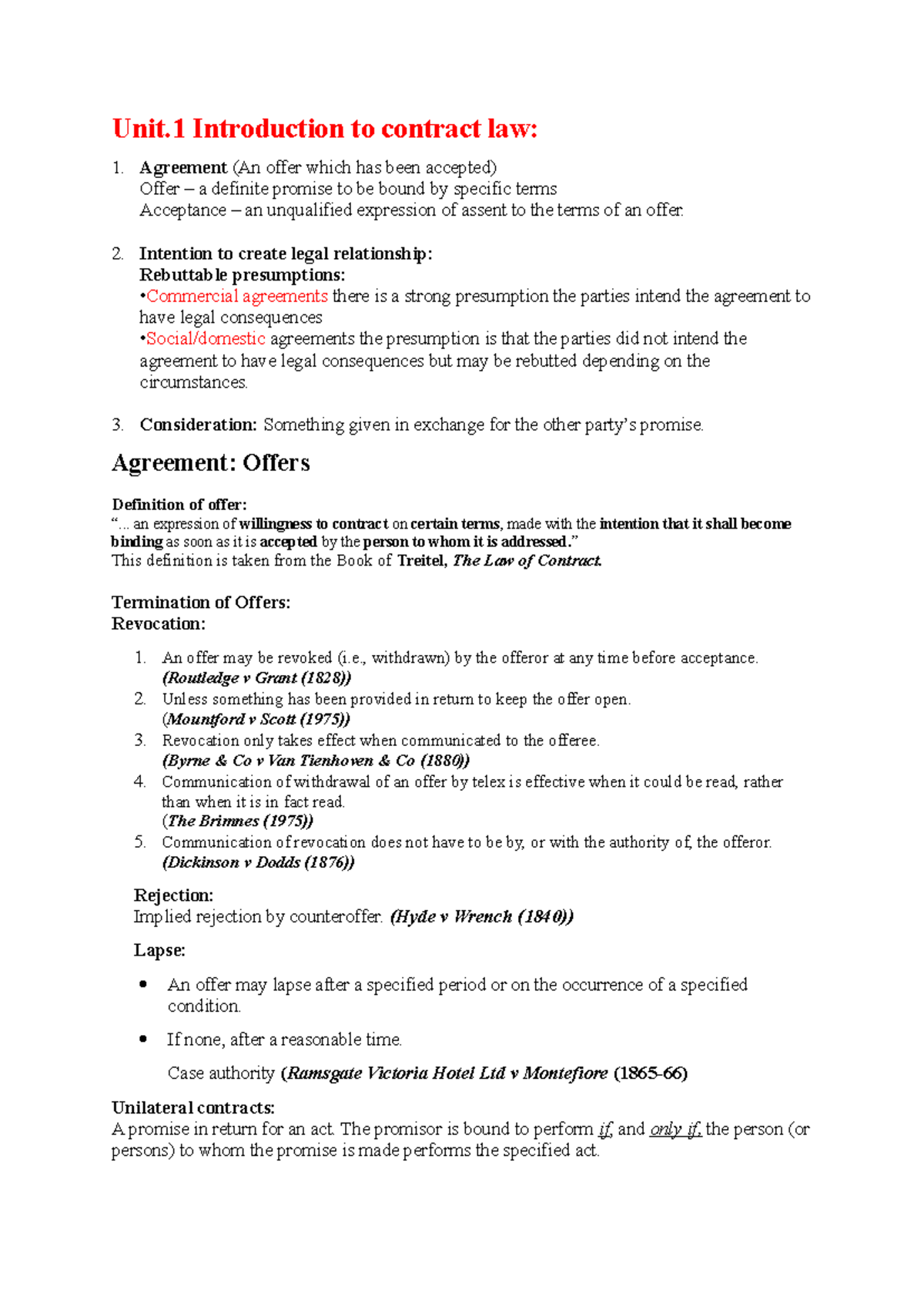 Contract Law - Imp Points - Unit Introduction to contract law: 1 ...
