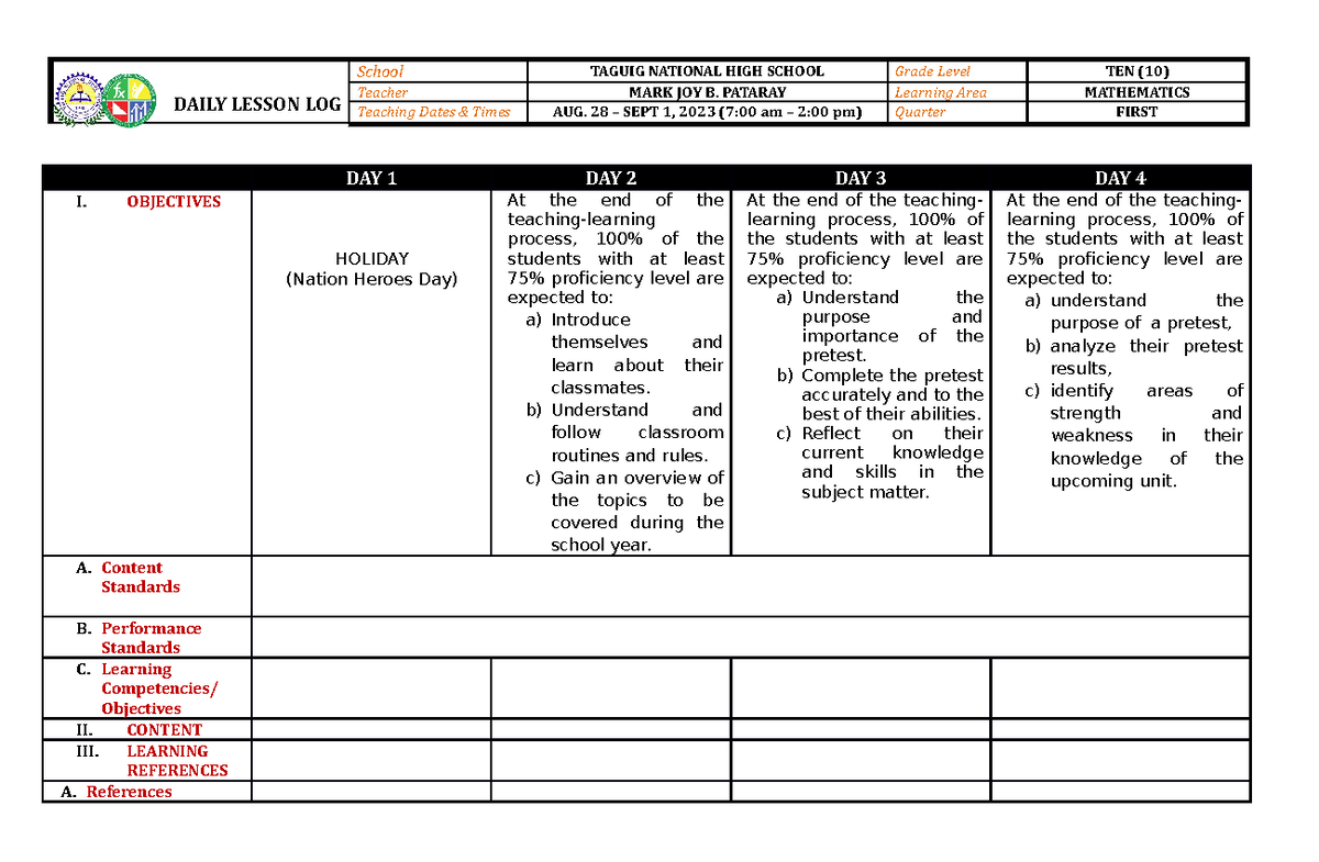 DLL week 1 math 7 - DAILY LESSON LOG School TAGUIG NATIONAL HIGH SCHOOL ...