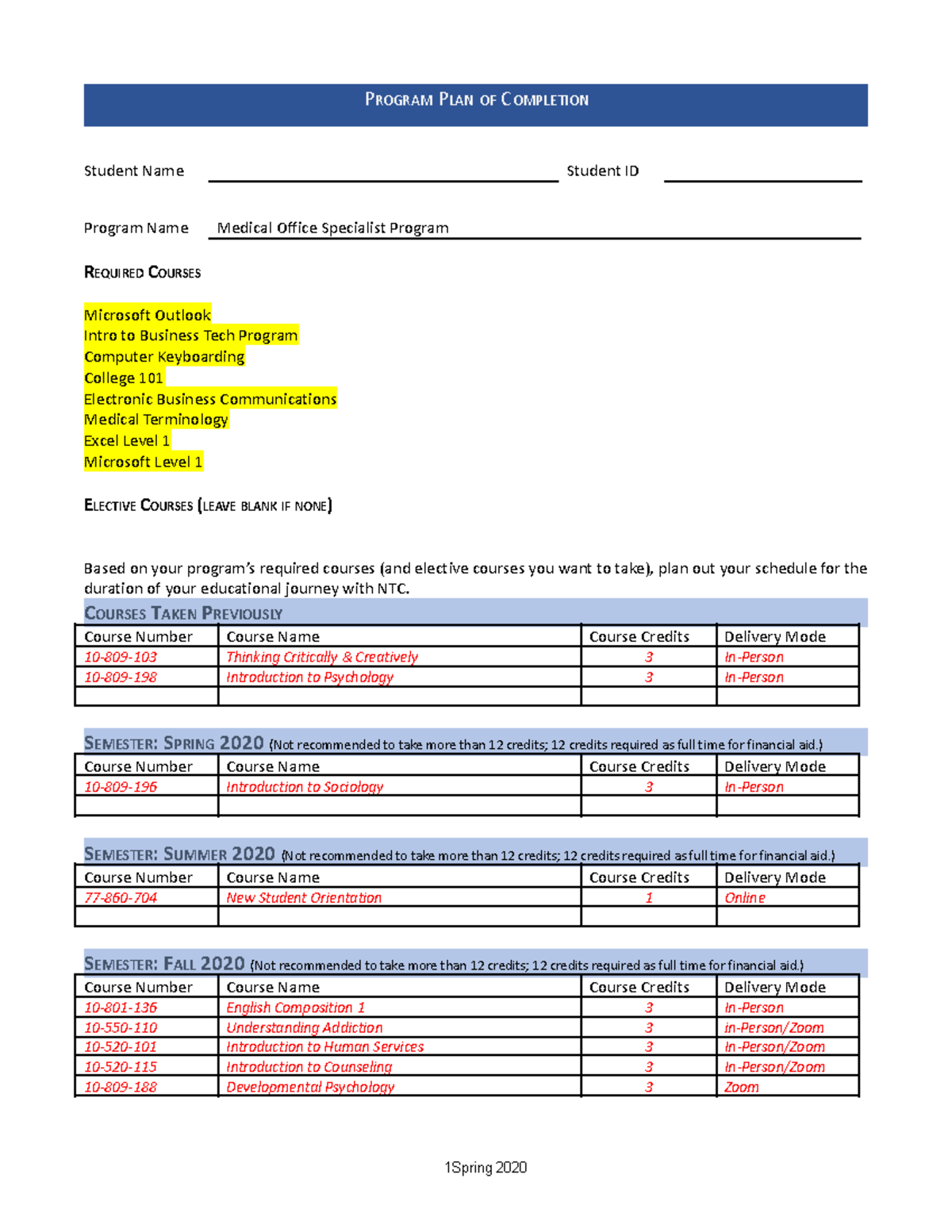 Program Completion Plan - PROGRAM PLAN OF COMPLETION Student Name ...