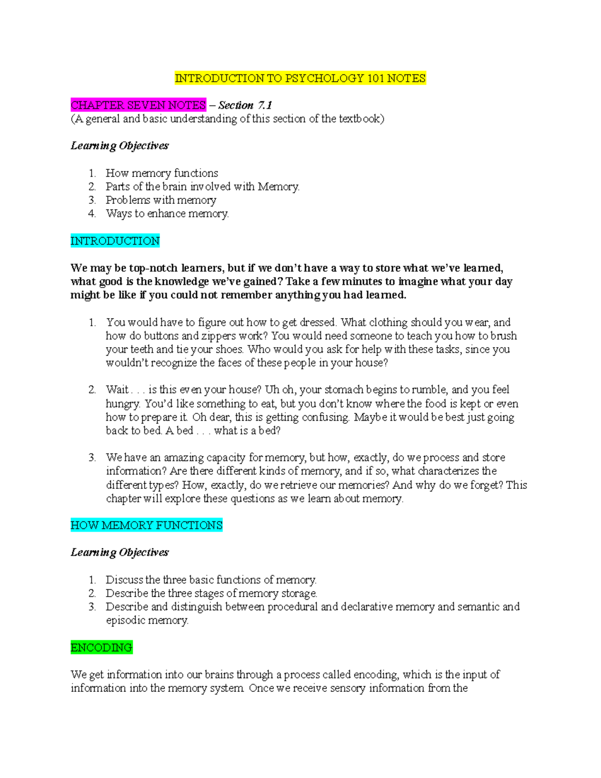 Introduction TO Psychology 101 Notes Chapter Seven Part One ...