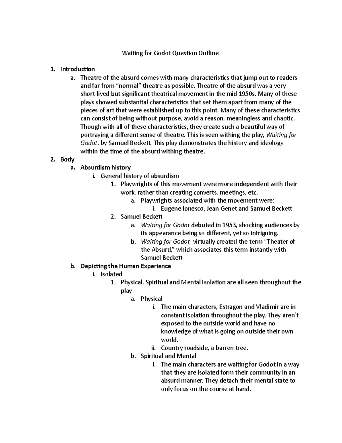 Waiting for Godot Outline - Waiting for Godot Question Outline 1 ...