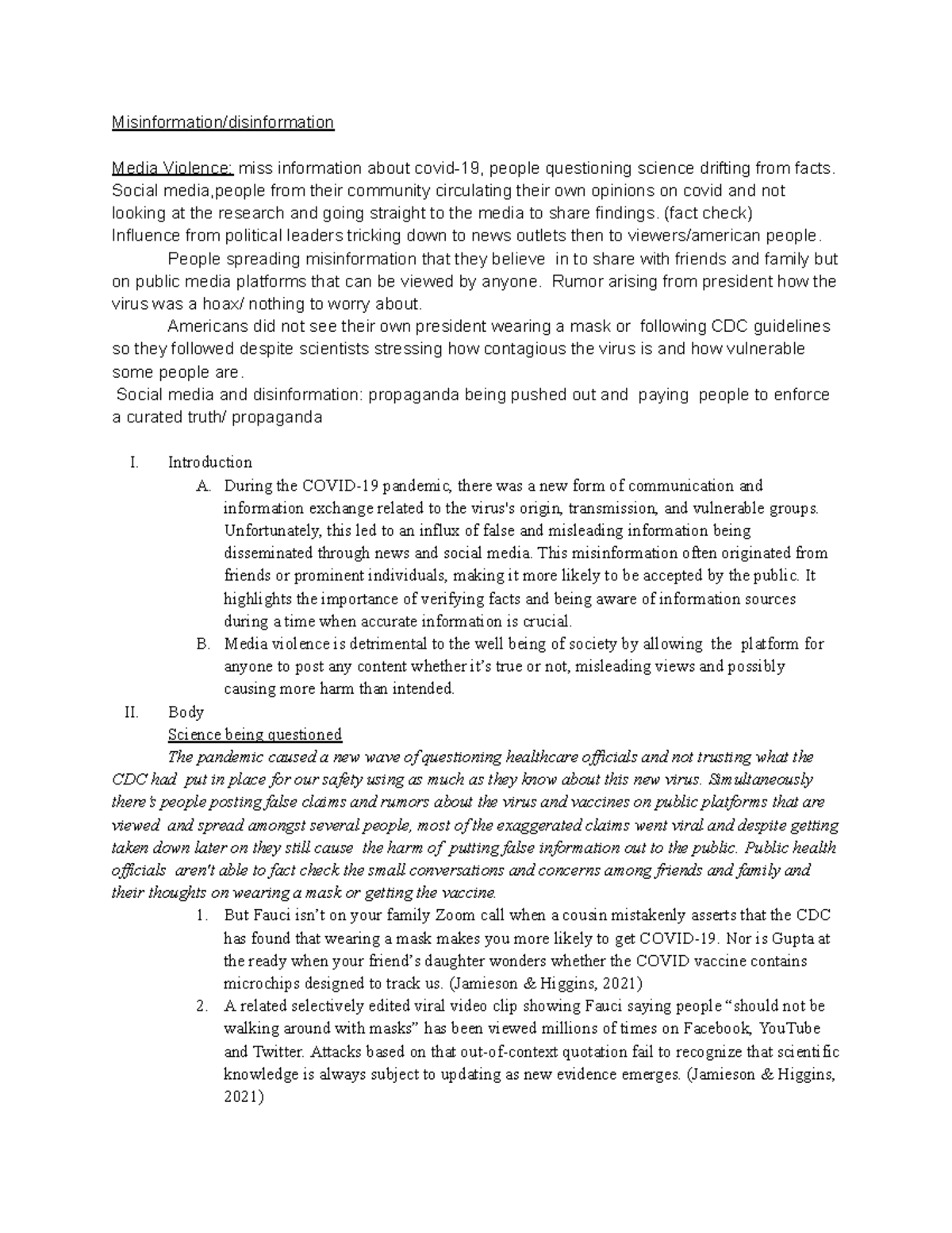 COMM Final Paper draft-1 - Misinformation/disinformation Media Violence: miss information about ...