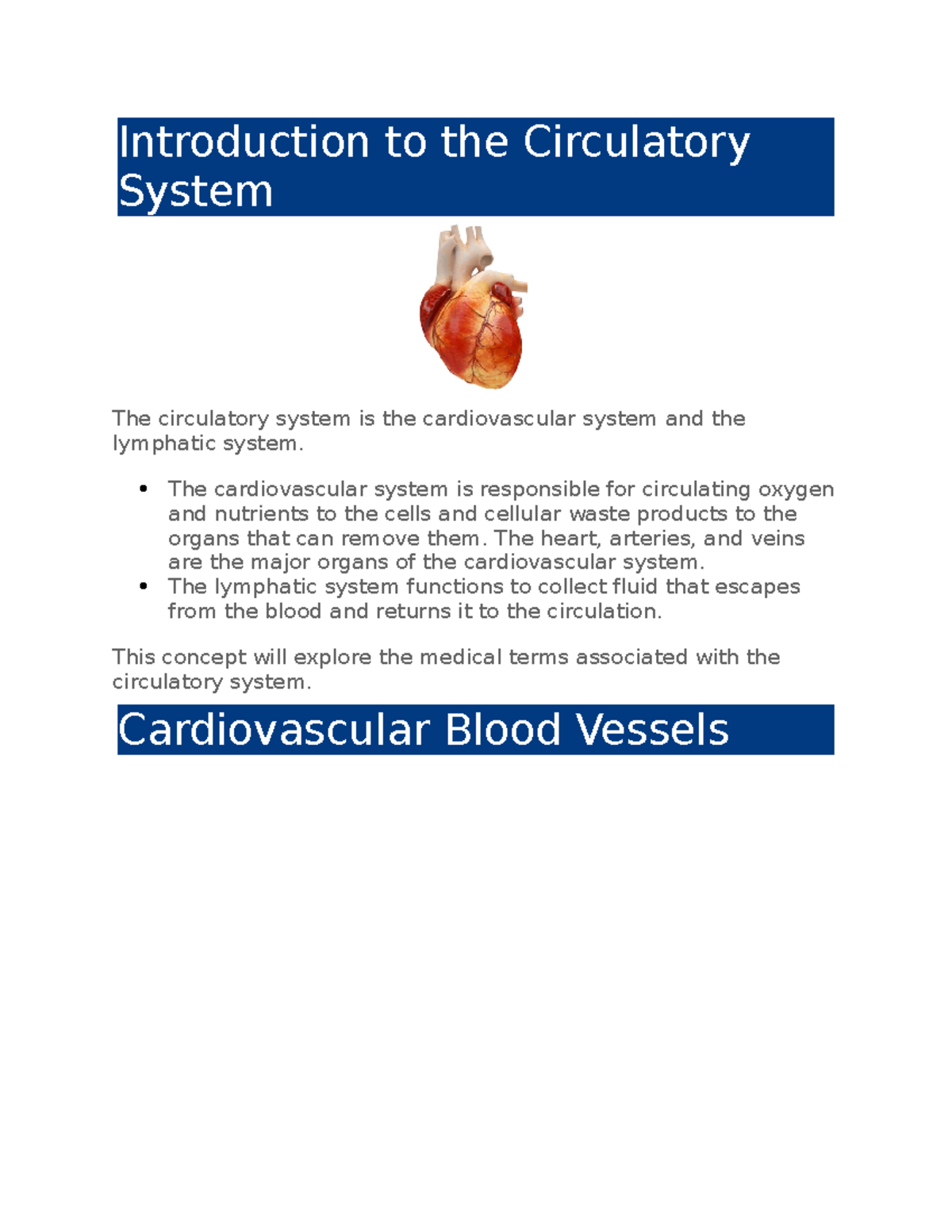 Circulatory System terms - Introduction to the Circulatory System The ...