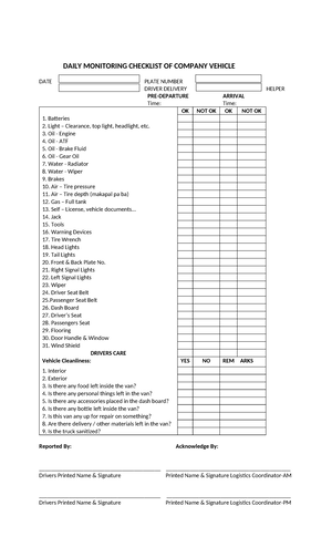Dtr - DAILY MONITORING - f Personnel Checklisi. TOGISTICS DEPARTMENT ...
