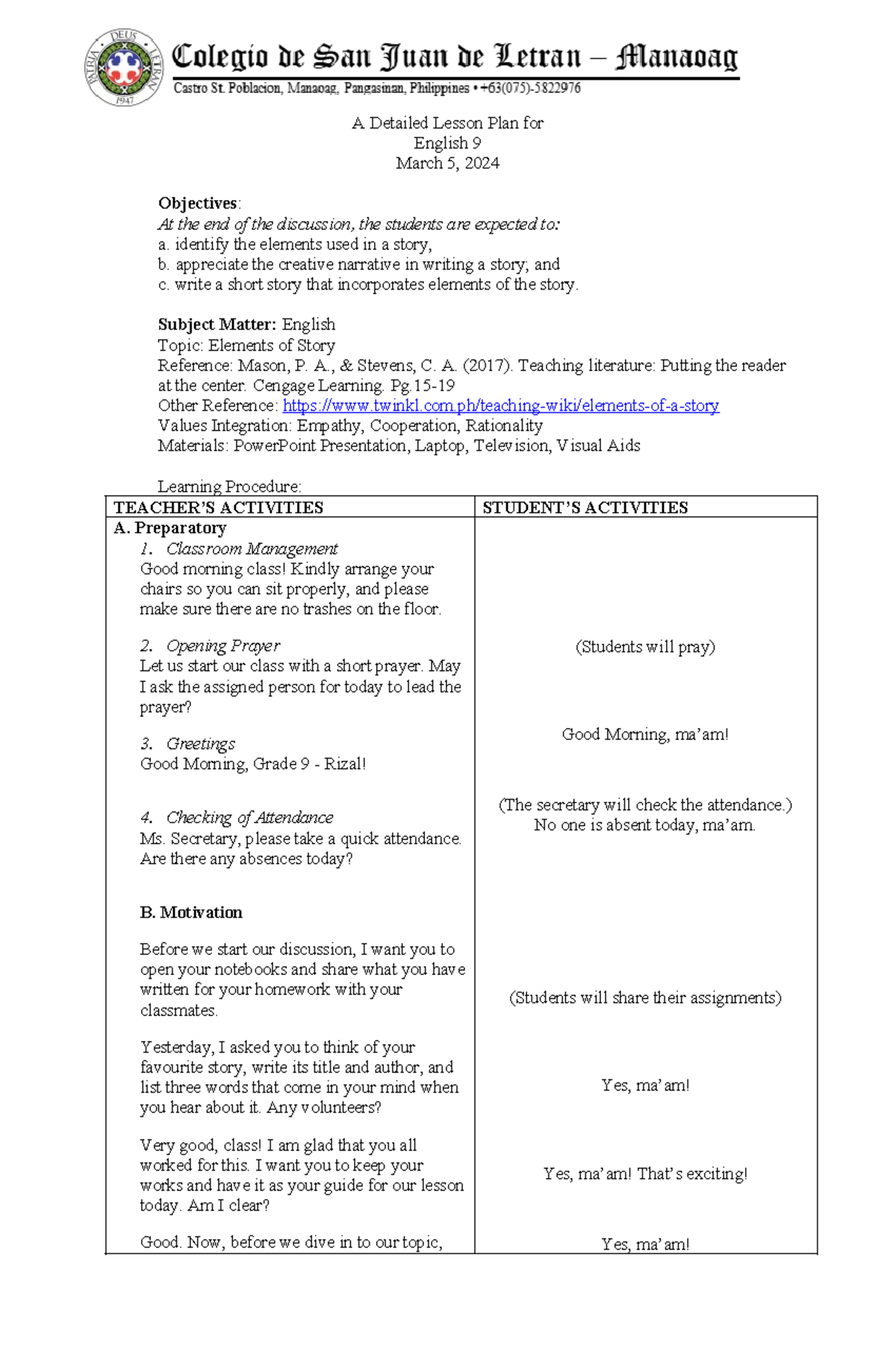 DLP - Lesson 2 (Elements of Story) - A Detailed Lesson Plan for English ...