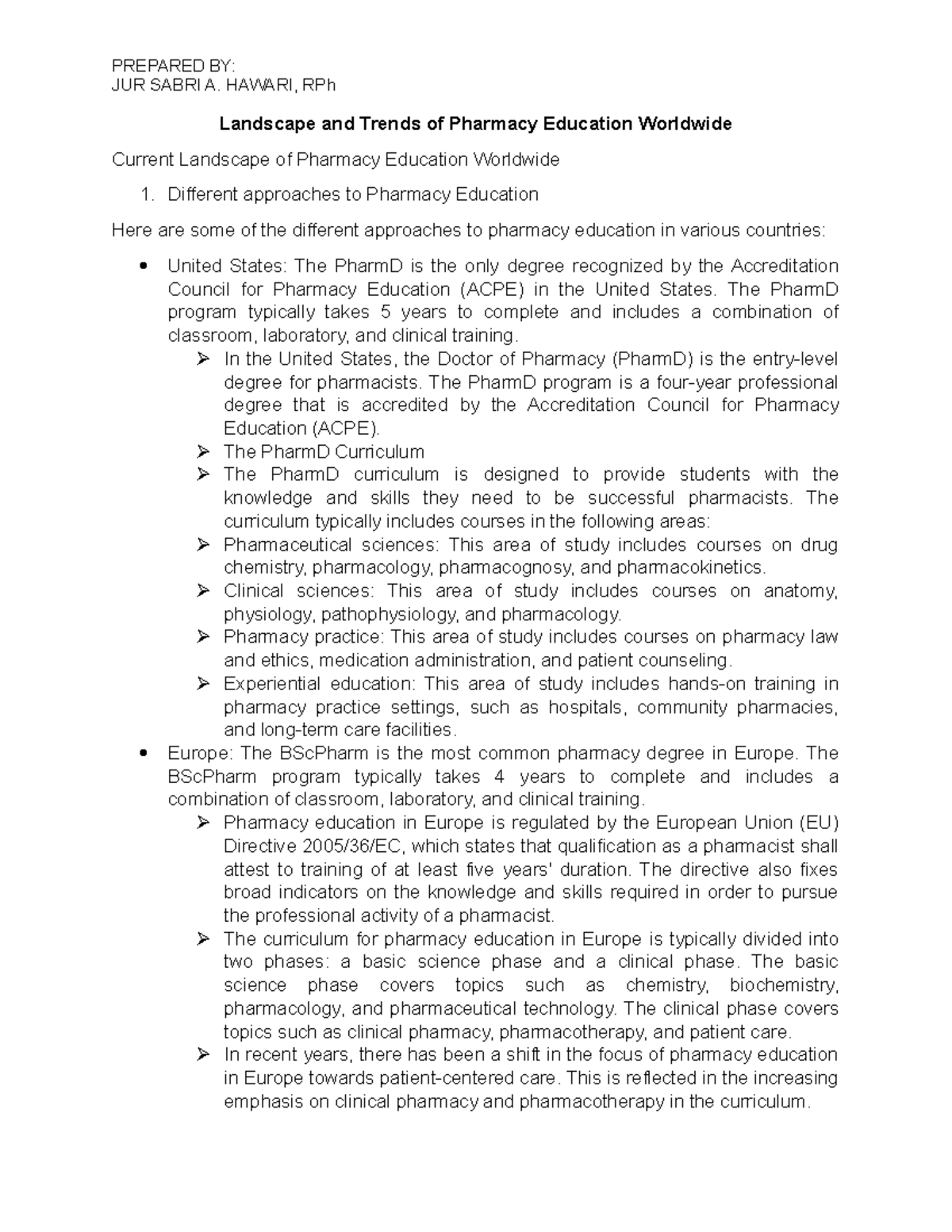 Handout Landscape AND Trends OF Pharmacy Education - JUR SABRI A ...