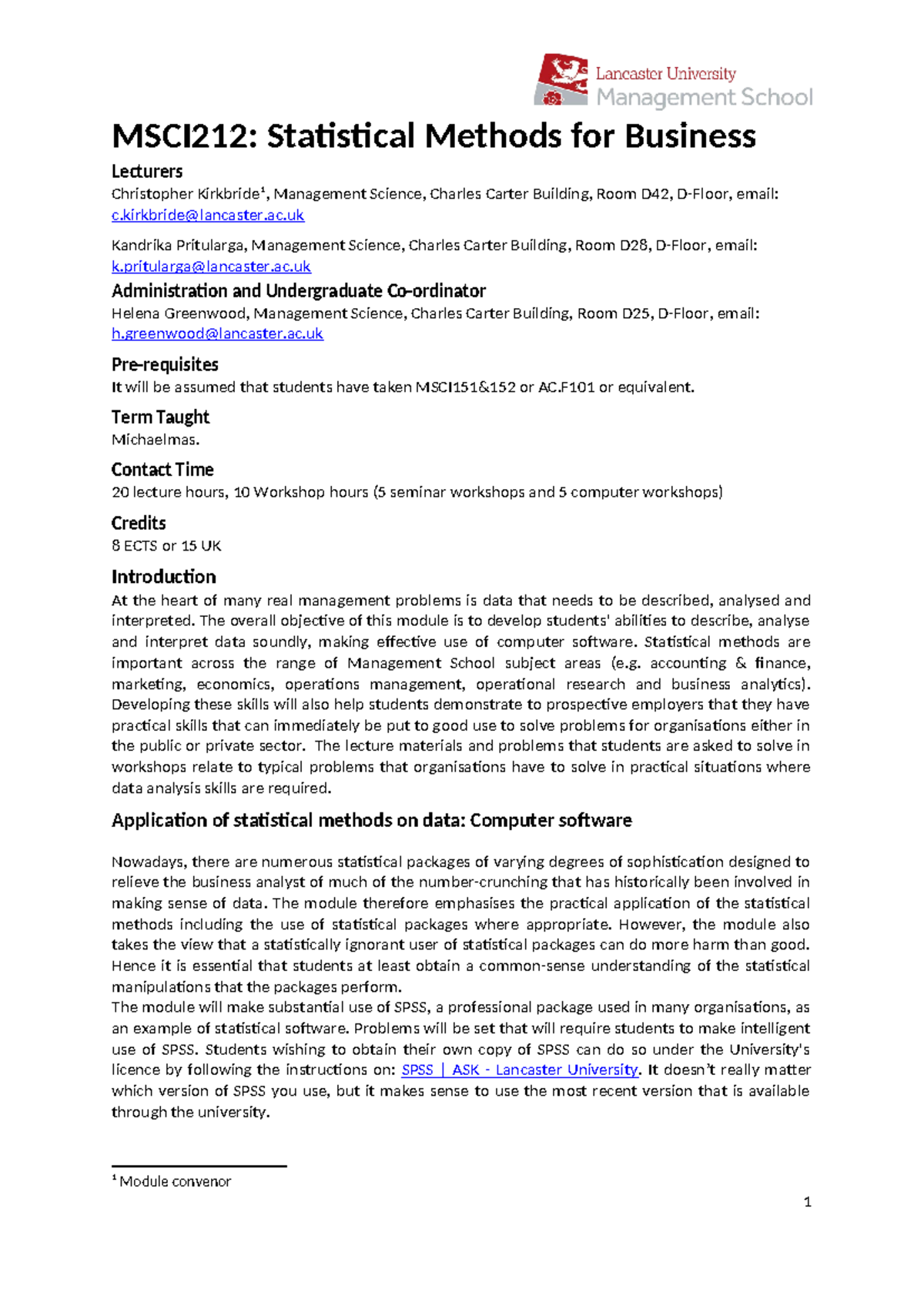 Module Outline MSCI212 - MSCI212: Statistical Methods for Business ...