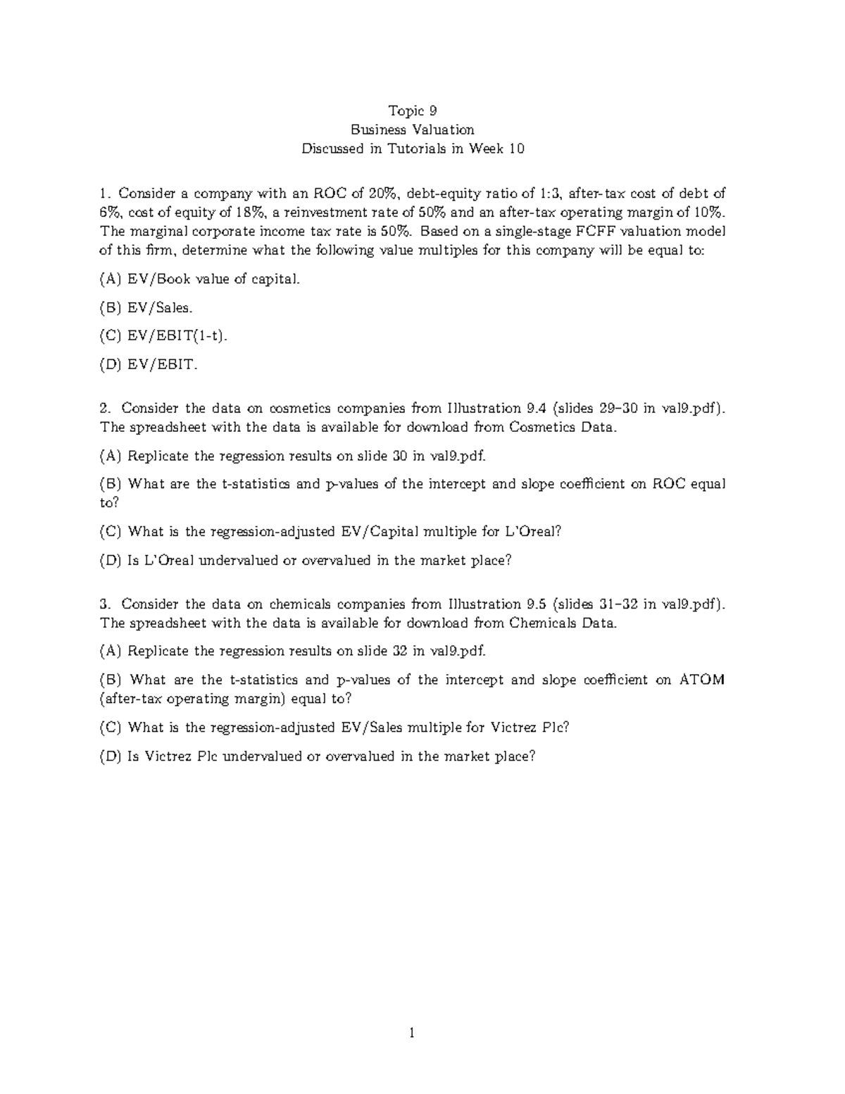 Business Valuation Tutorial 9 - Topic 9 Business Valuation Discussed in ...
