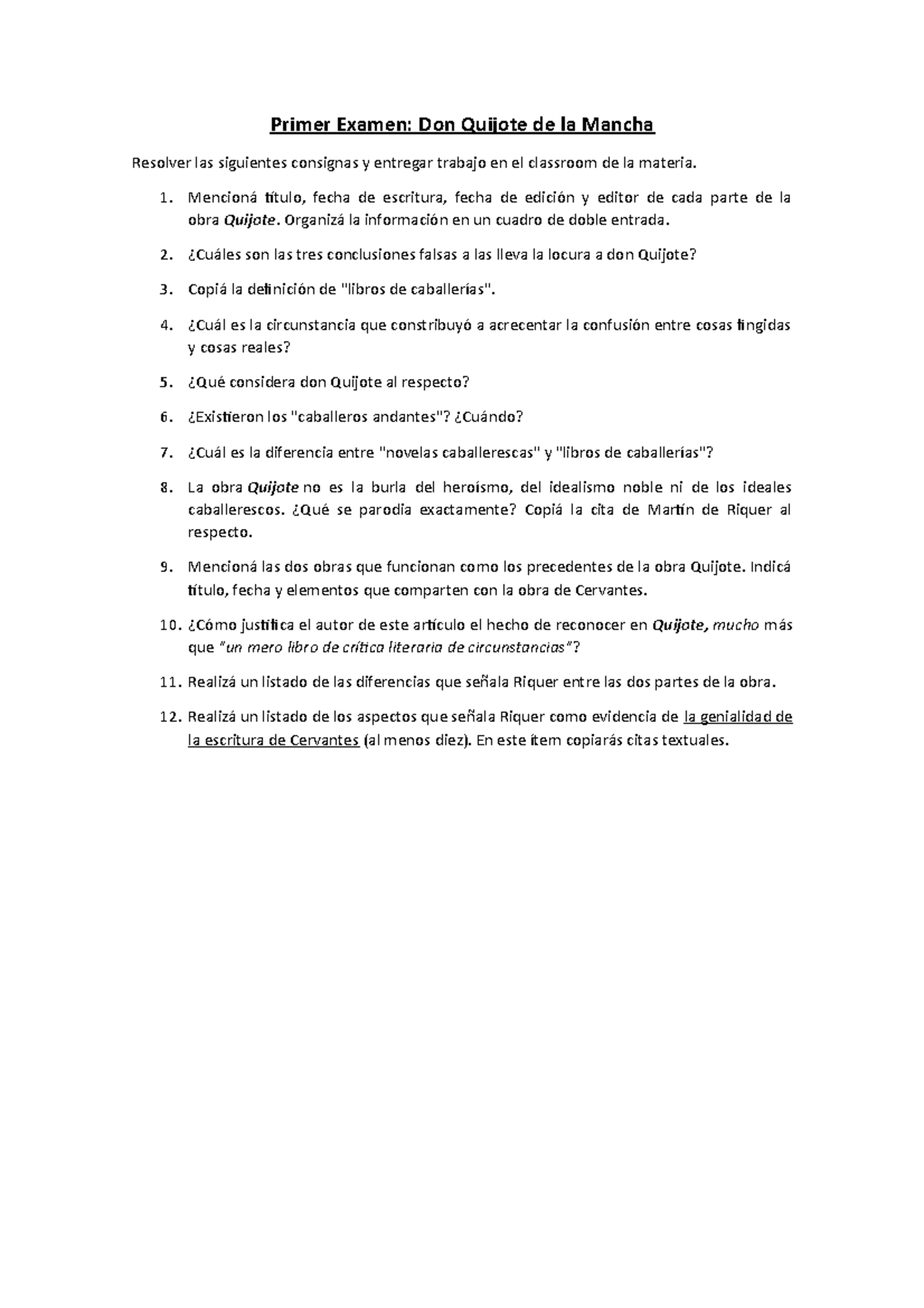 Examen Don Quijote de la Mancha - Primer Examen: Don Quijote de la ...