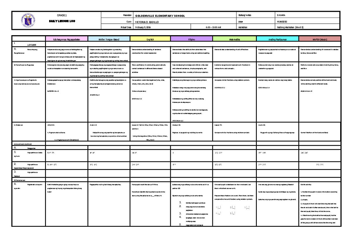Daily Lesson Log for Grade 2 for the school year 2023 - 2024. This will ...