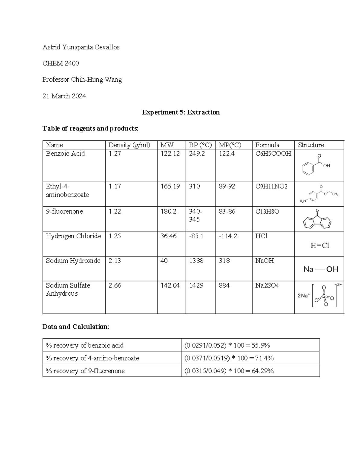 Lab extraction - Astrid Yunapanta Cevallos CHEM 2400 Professor Chih ...