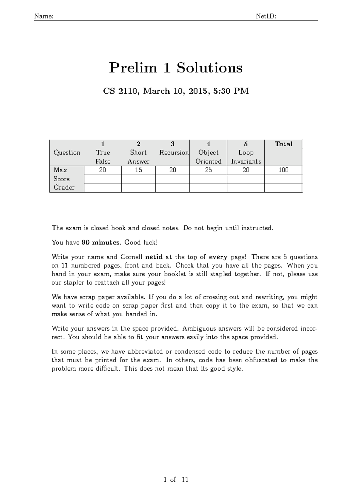 P1solcs 2110sp15a Past Prelim 1 Solutions From Cs 2110 Taught By Professor David Gries And