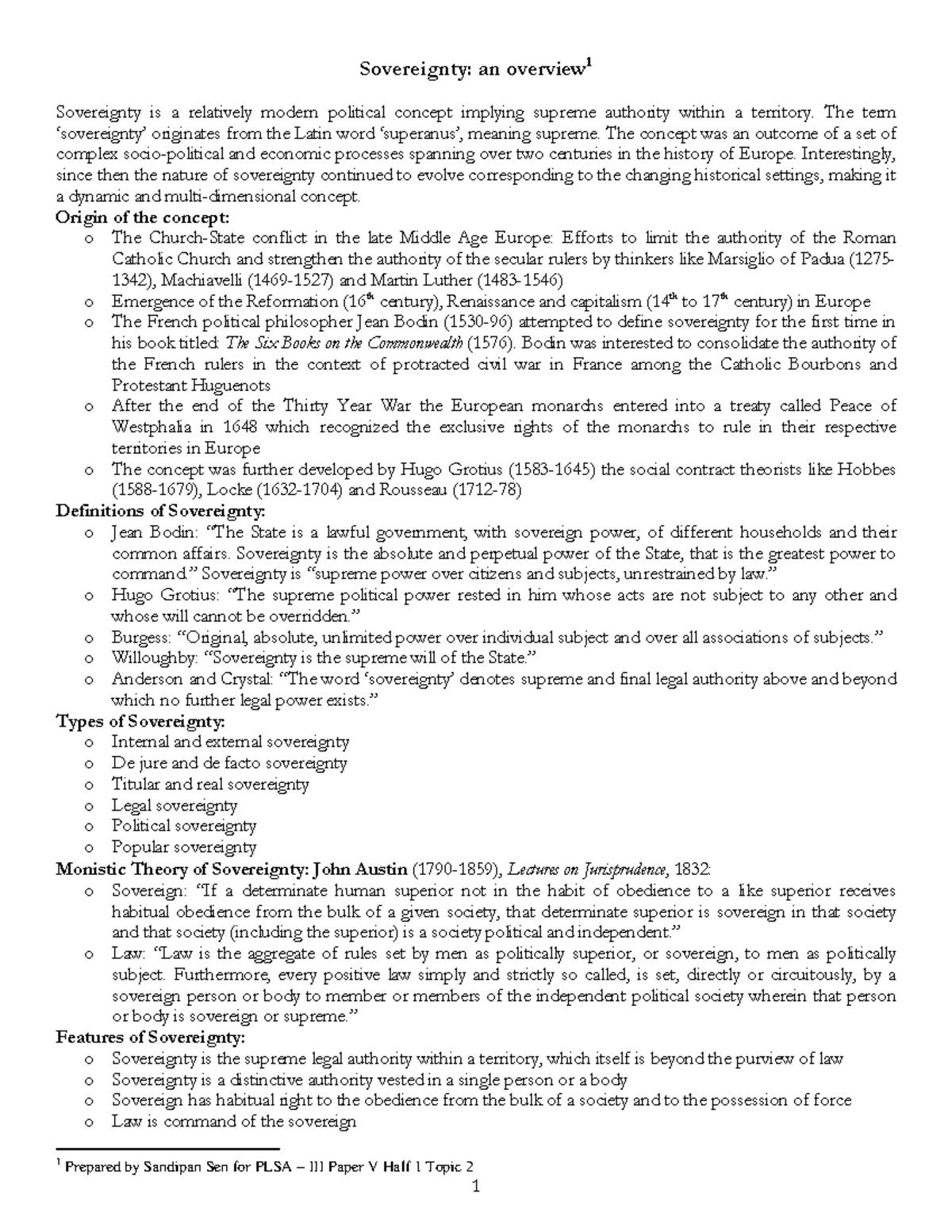 SS 14 Paper V Half 1 Topic 2 - Sovereignty: an overview 1 Sovereignty ...