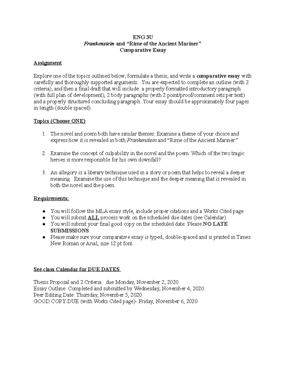 ENG3U Comparative Essay Assignment- Frankenstein & Rime - ENG 3U ...