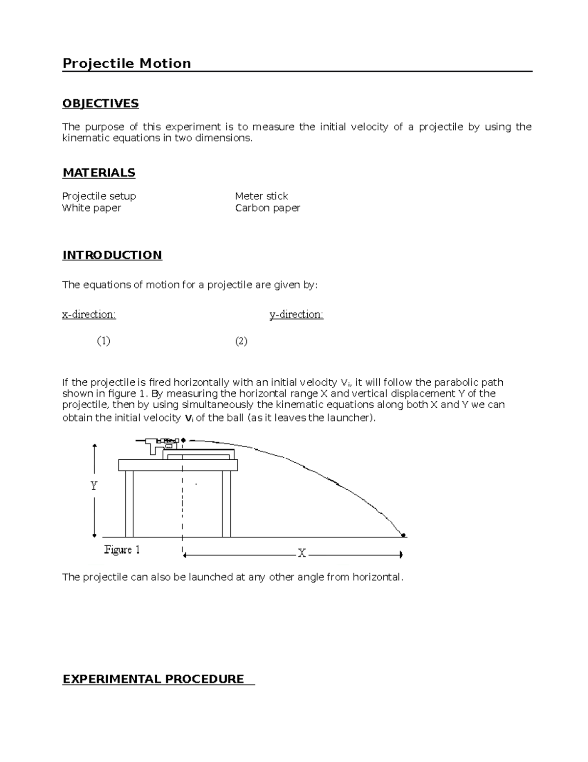 05 Projectile Motion - lab - Projectile Motion OBJECTIVES The purpose ...