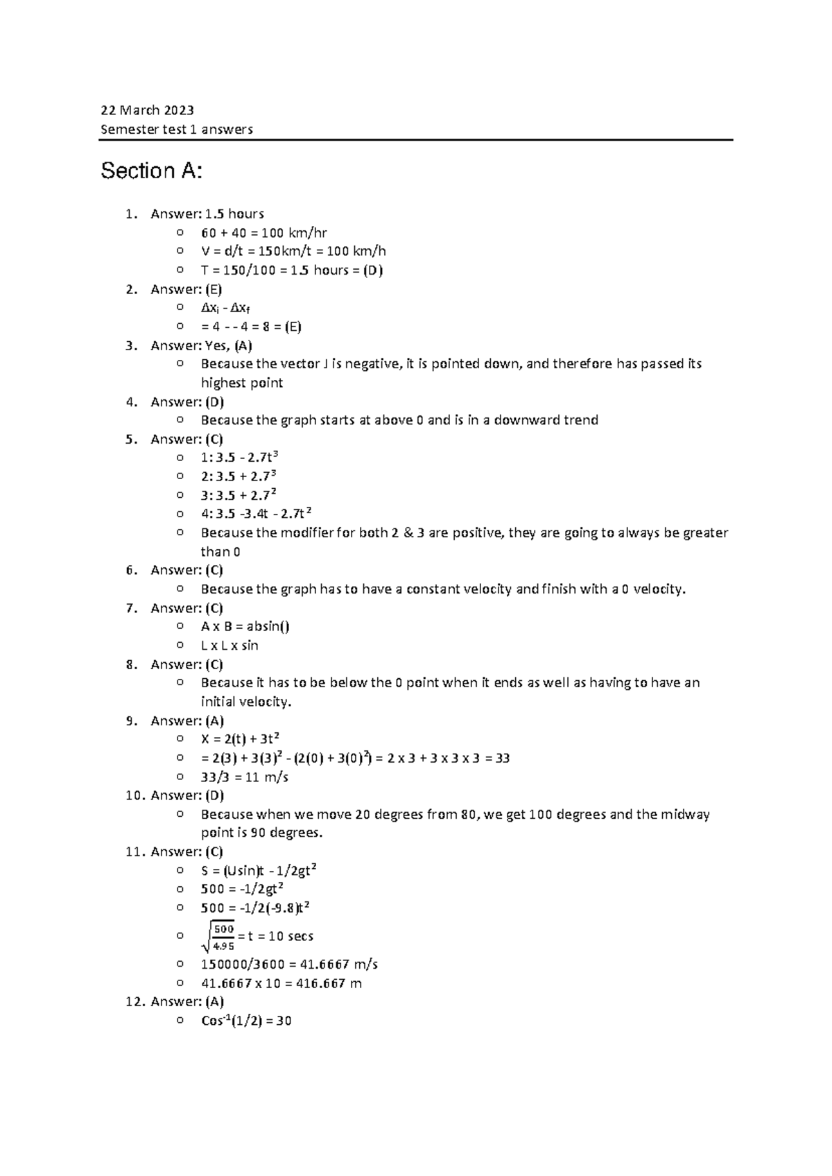 PHYS1514 semester test 1 2023 answers - 22 March 2023 Semester test 1 ...
