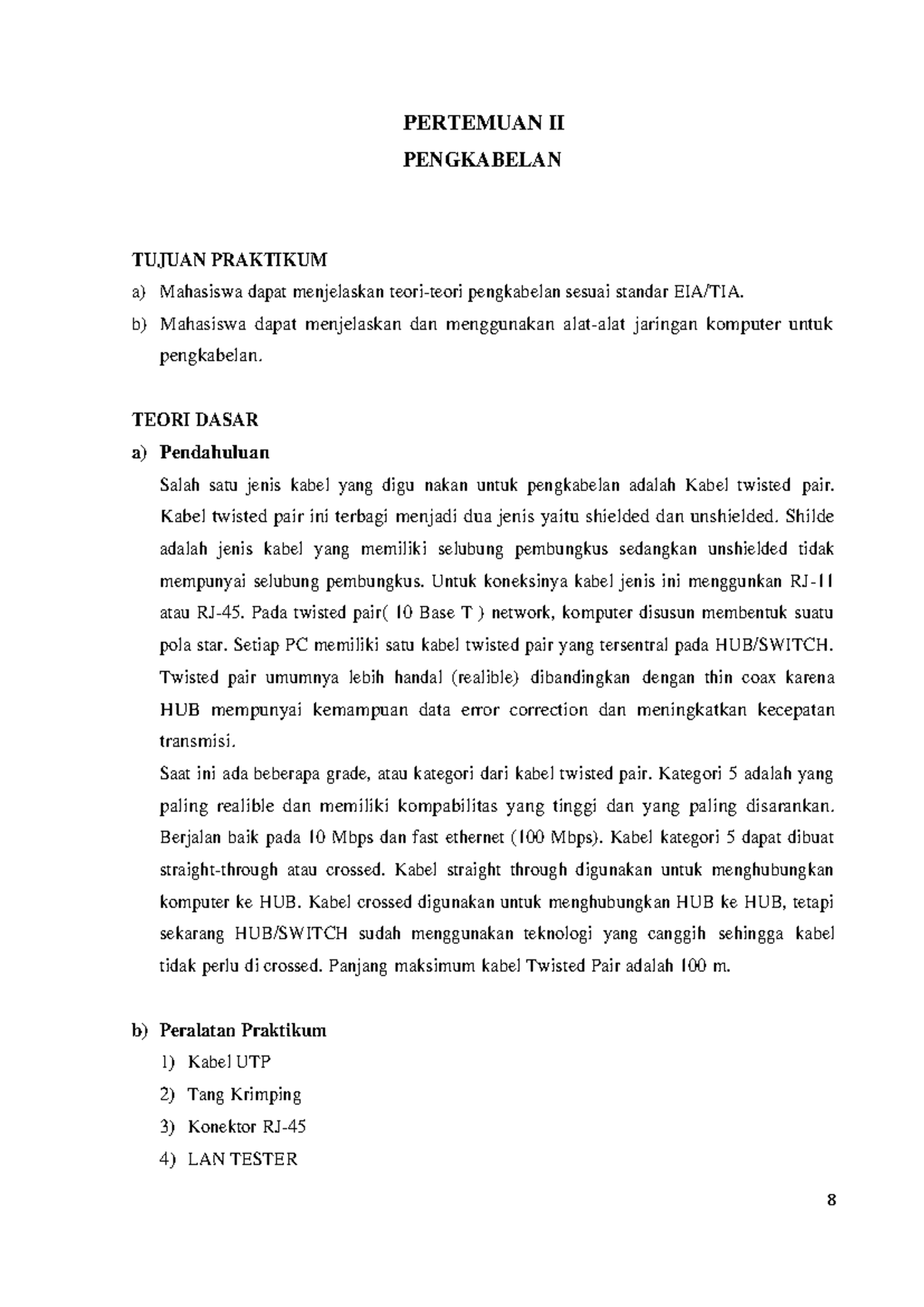 Pertemuan 2 - modul - PERTEMUAN II PENGKABELAN TUJUAN PRAKTIKUM a ...