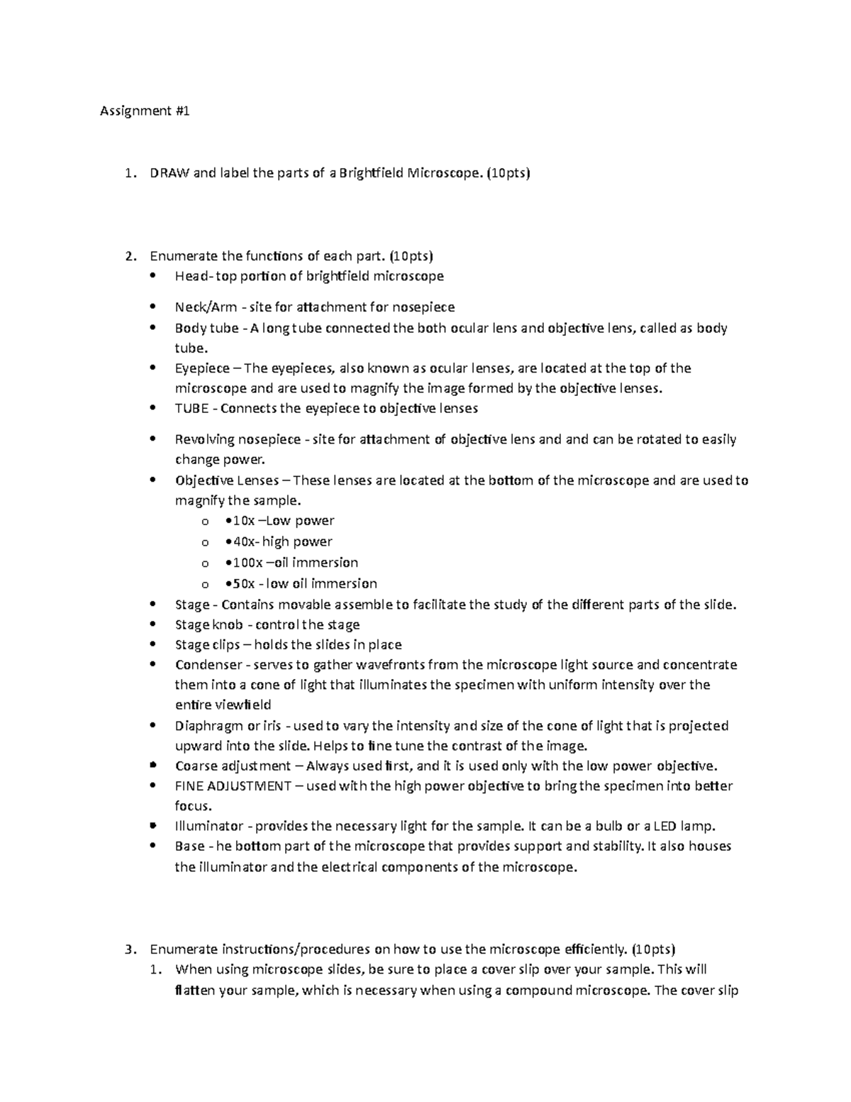 Microscope - ANSWER - Assignment # DRAW and label the parts of a ...