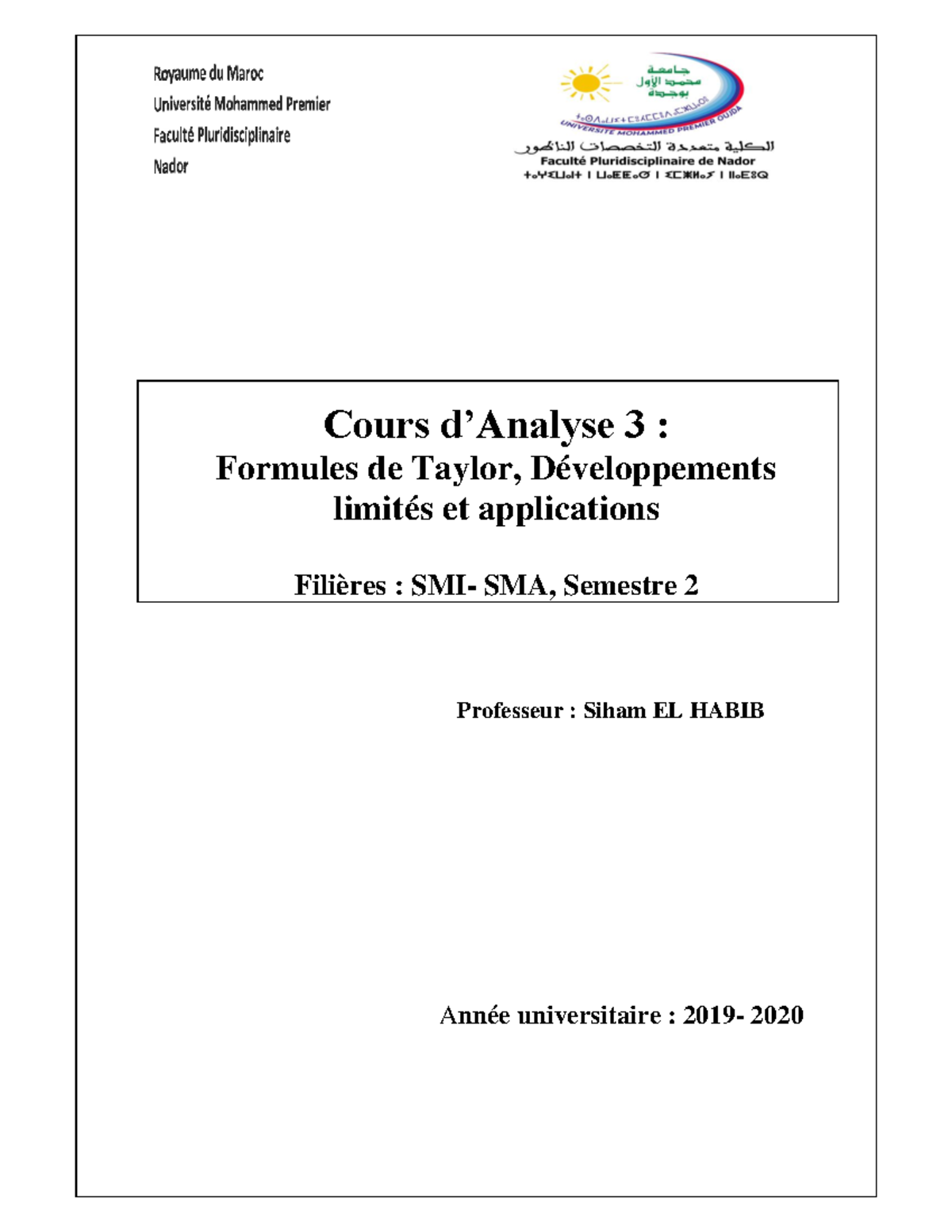 Cours-analyse 3 - Cours-analyse 3 - Professeur : Siham EL HABIB Année ...