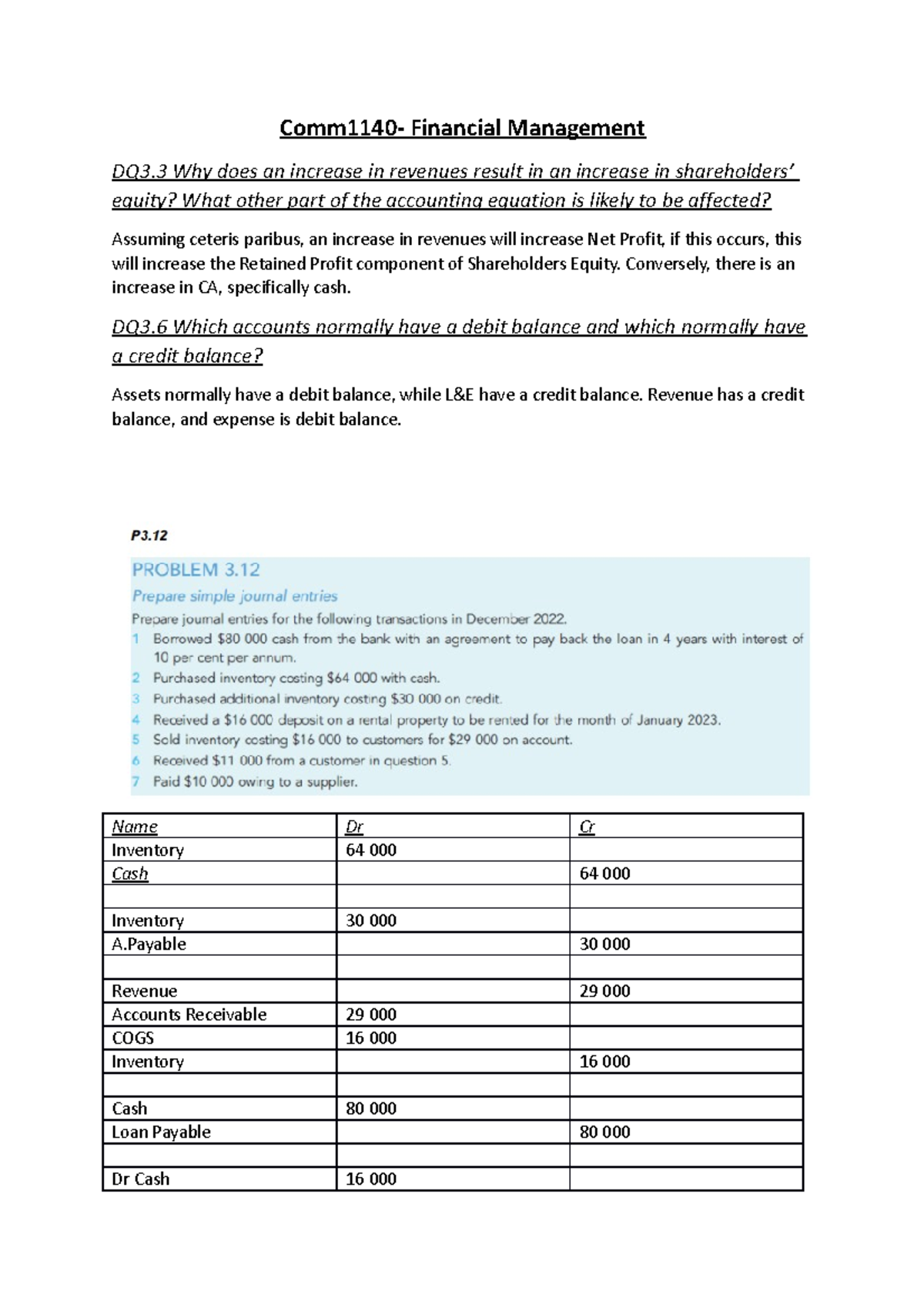 COMM1140 Wk 3 Questions - Comm1140- Financial Management DQ3 Why does an increase in revenues ...