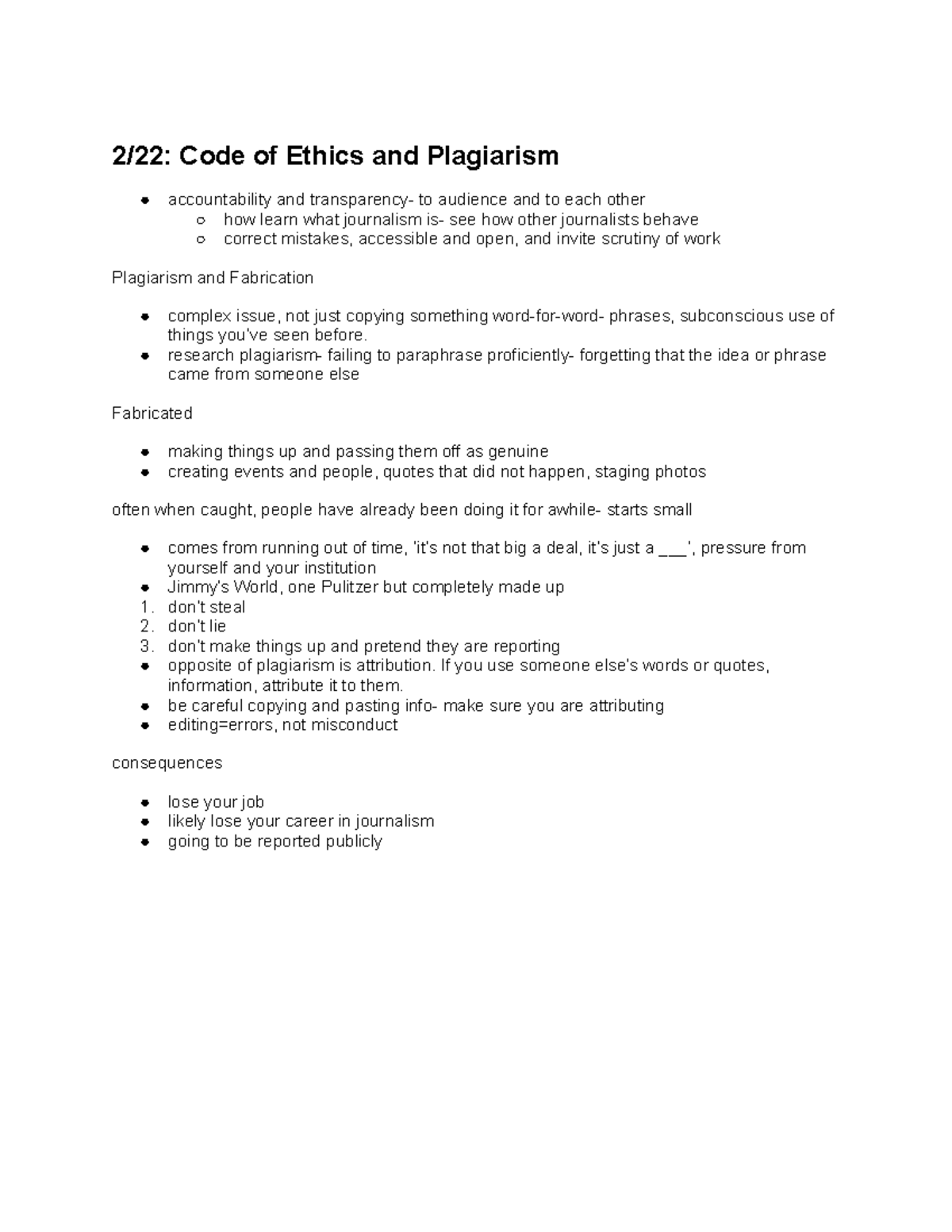 Ethics Class Notes 2/22 - 2/22: Code of Ethics and Plagiarism ...