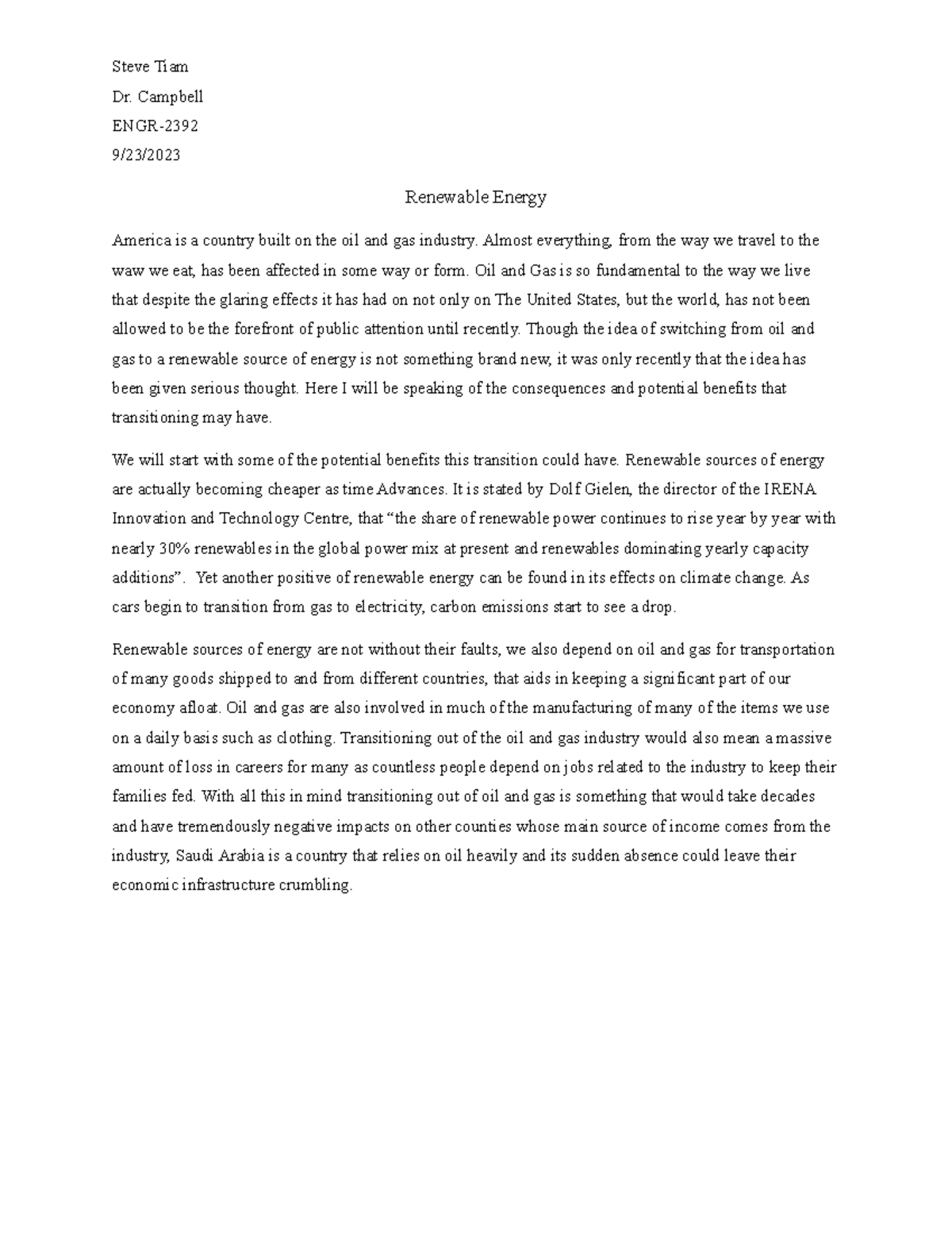 Renewable Energy - essay - Steve Tiam Dr. Campbell ENGR- 9/23 ...