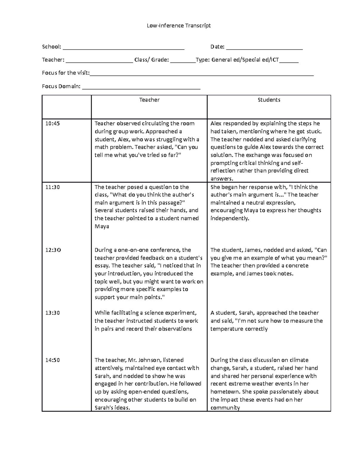 Low Inference Transcript Low Inference Transcript School
