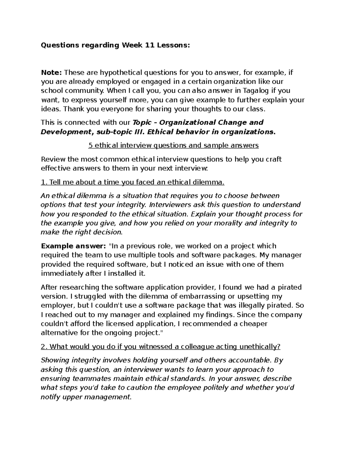 Human Behavior - Questions regarding Week 11 Lessons: Note: These are ...