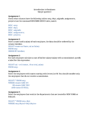 Assignment 3 - simple queries - Introduction to Databases Aggregate queries I Assignment 1 For ...