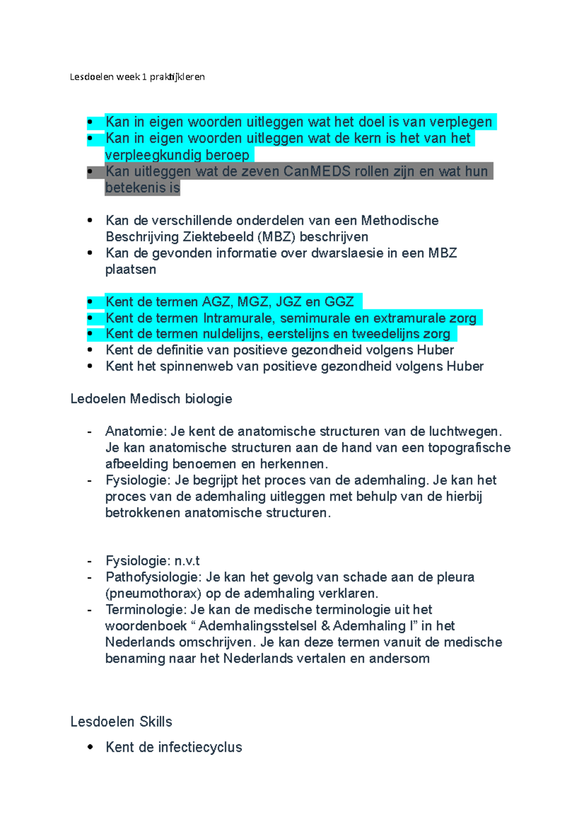Lesdoelen week 2 - leerdoelen - Lesdoelen week 1 praktijkleren Kan in ...