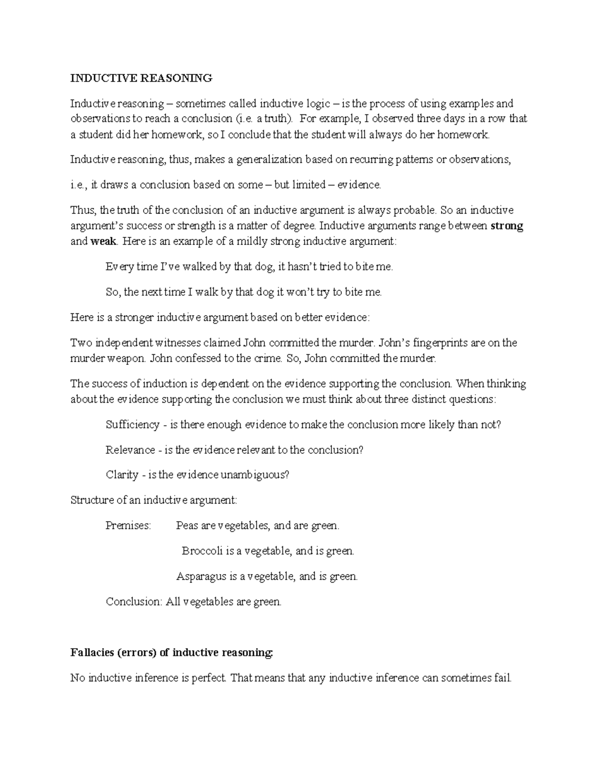 Inductive Reasoning - NOTES - INDUCTIVE REASONING Inductive reasoning ...