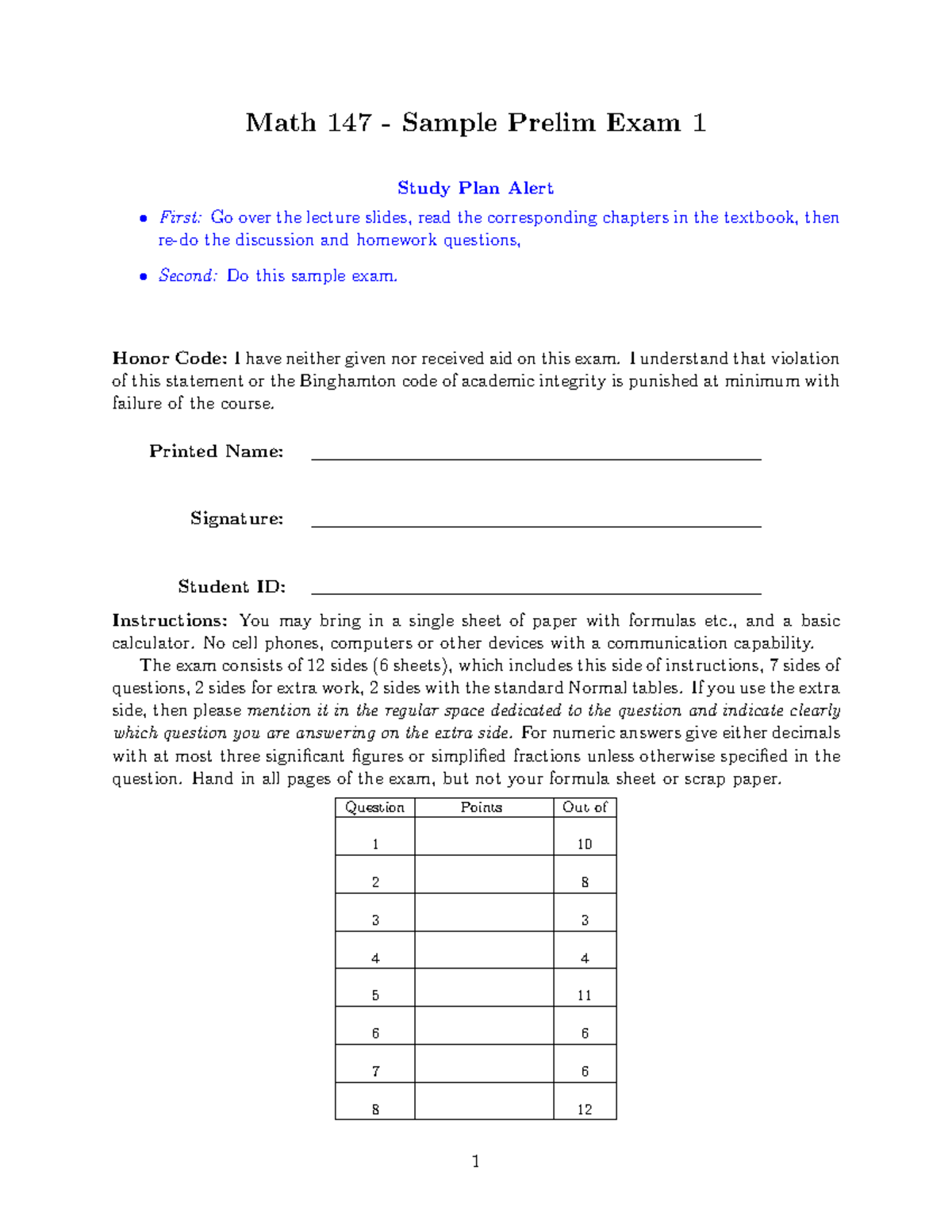 Sample Prelim Exam1 Solutions - Math 147 - Sample Prelim Exam 1 Study Plan Alert First: Go over ...