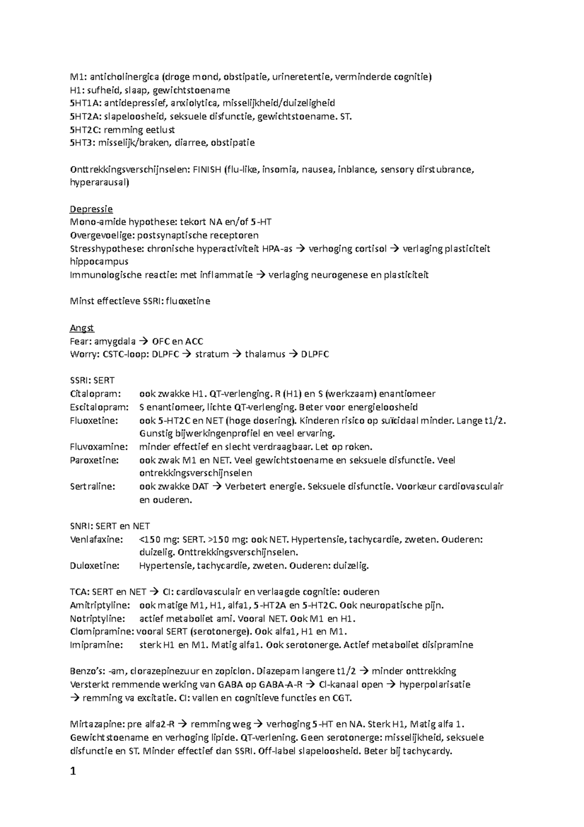 Korte samenvatting MA102 - M1: anticholinergica (droge mond, obstipatie ...