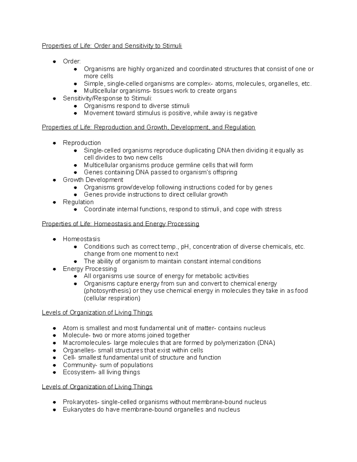Biology II Notes #1 Introduction to Biology II - Properties of Life ...