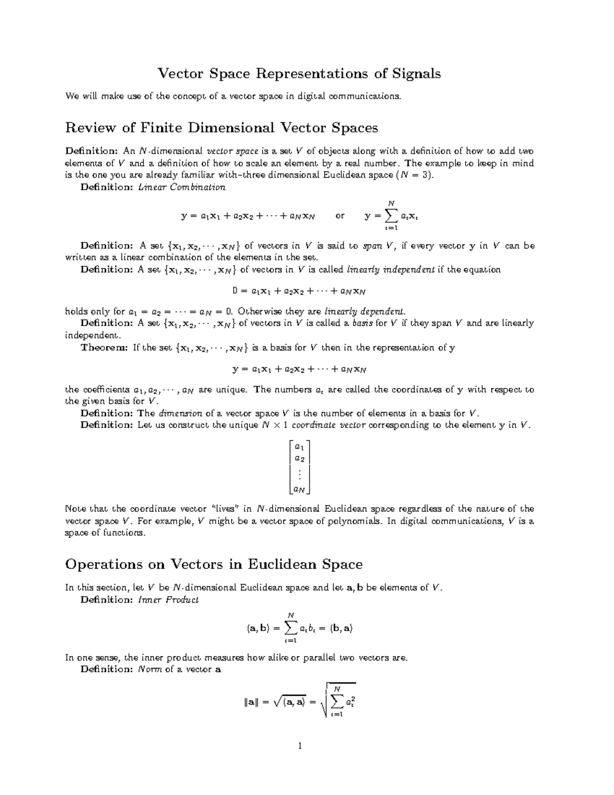 Notes Vector Space Representations of Signals - Vector Space ...