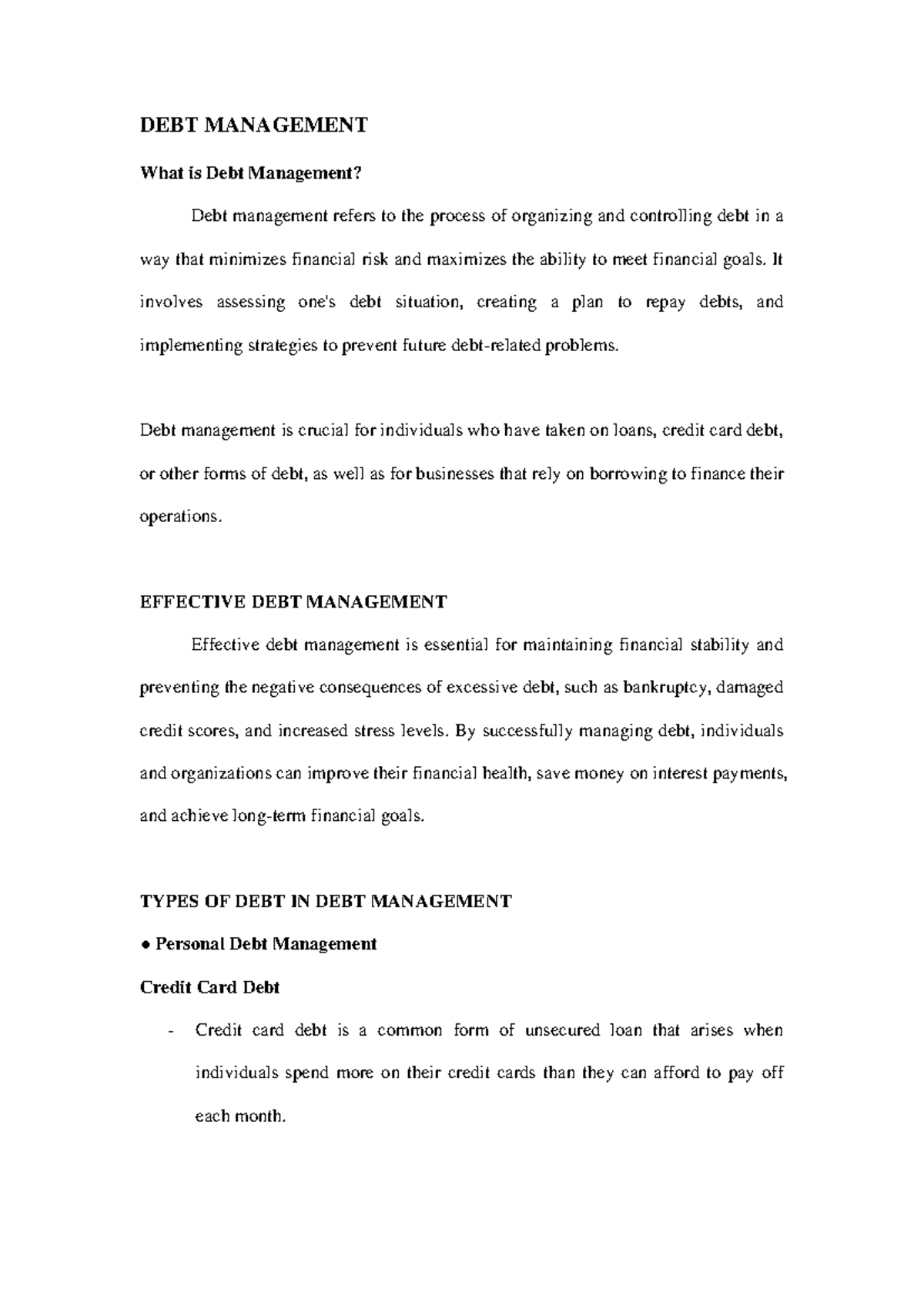 Chapter 6 DEBT Management - DEBT MANAGEMENT What is Debt Management ...