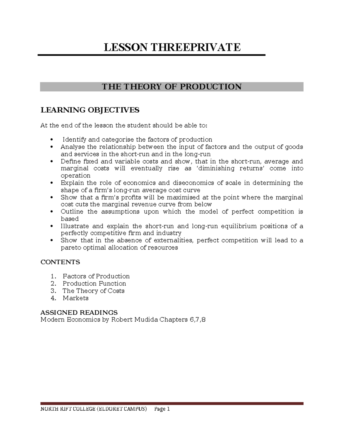 Theory OF Production - Economics - LESSON THREEPRIVATE THE THEORY OF ...