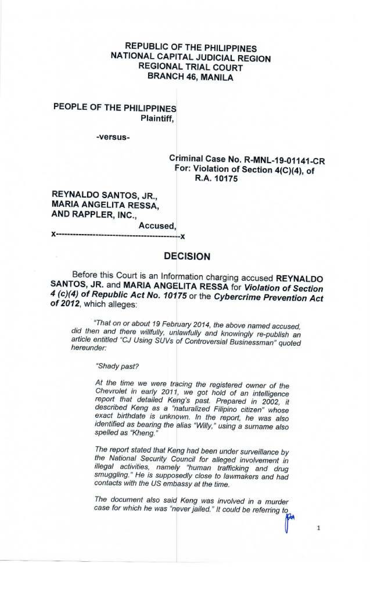 Decision Rappler Maria Ressa Rey Santos Jr convicted of cyber libel ...