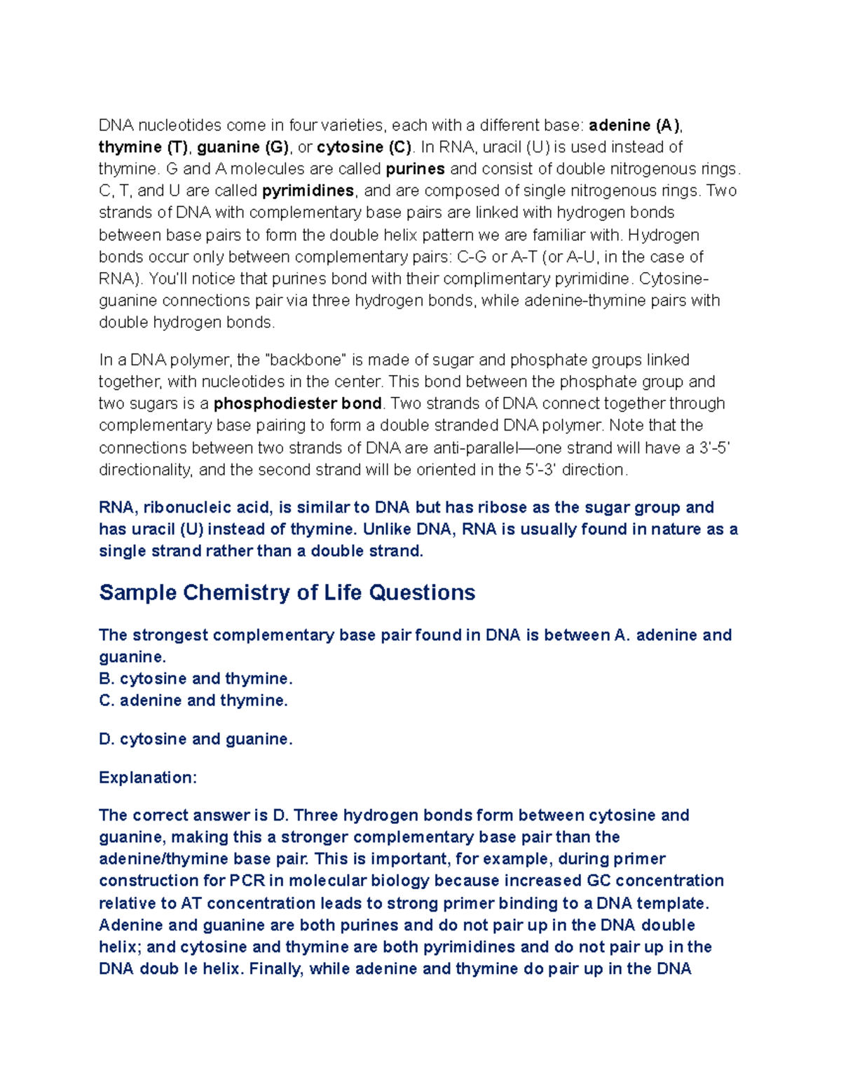 AP Biology Study Guide -2 - DNA nucleotides come in four varieties ...
