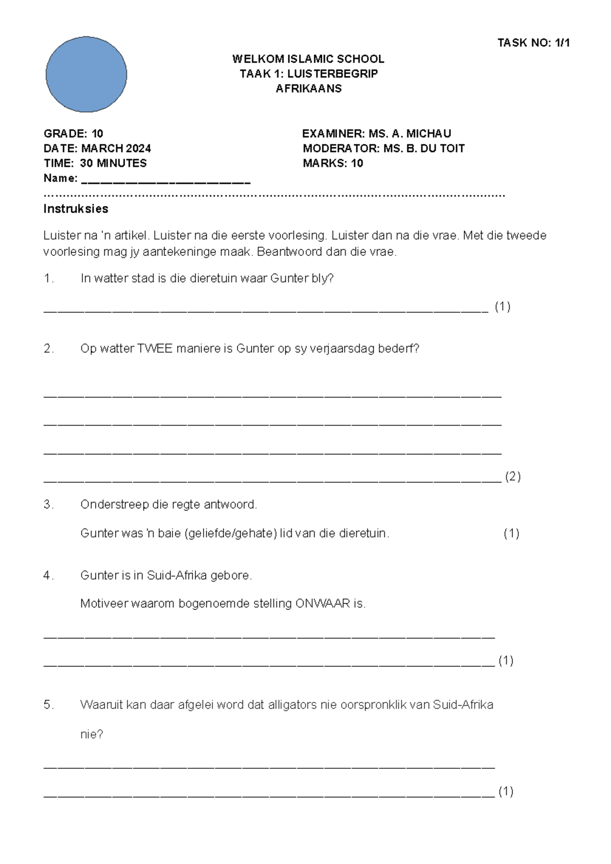 TAAK 1- Luisterbegrip - kwartaal 1 fromele assesserings - TASK NO: 1 ...