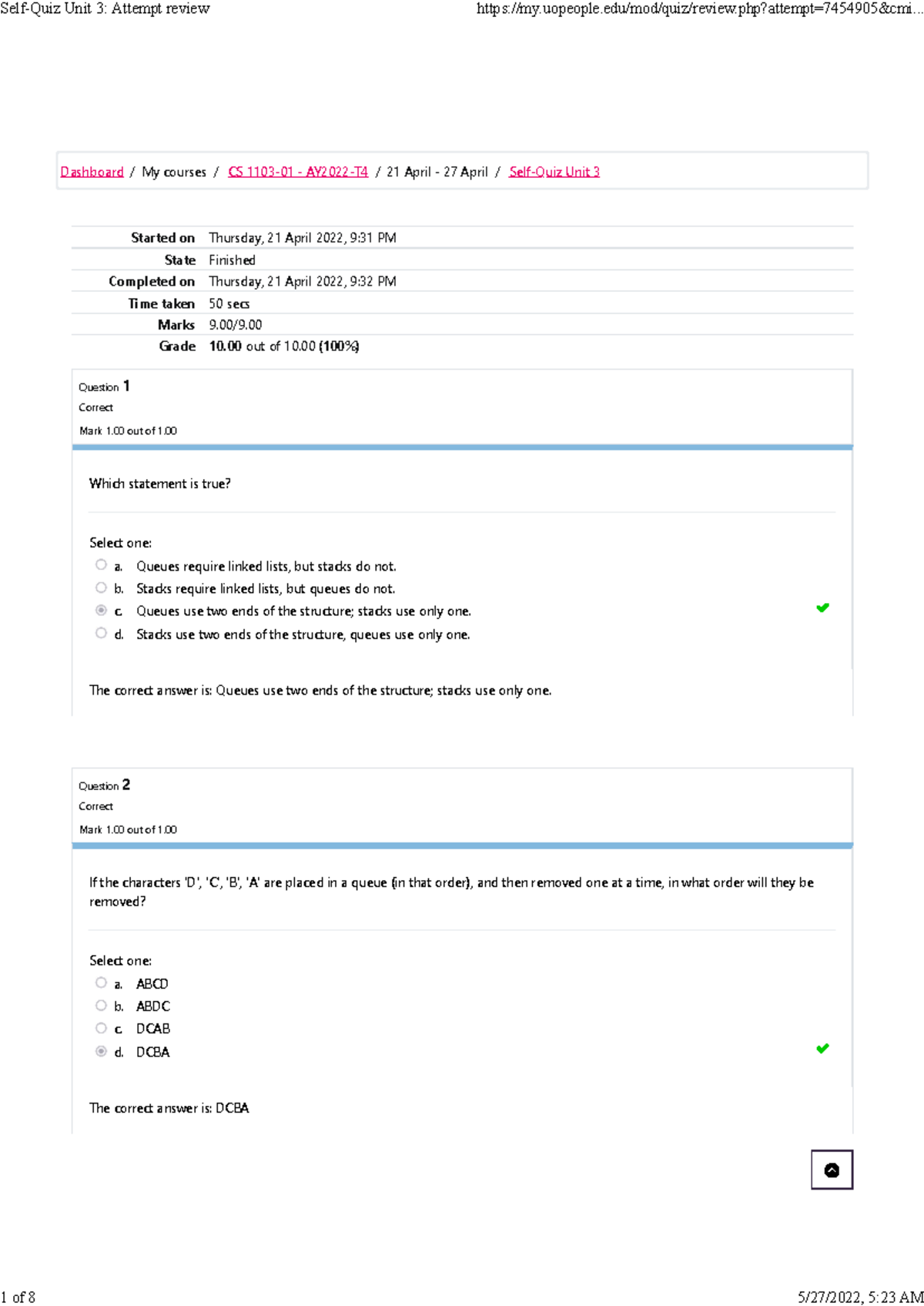 Self-Quiz unit 3 - This is the Self-Quiz of unit 3 solved- programming 2 CS 1103 AY2022 T4 ...