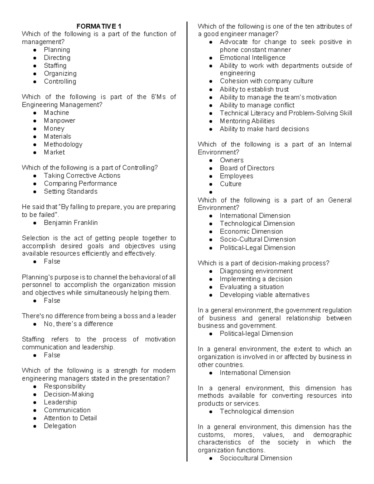 Ultimate Cheatcode Engmanagement V 2 - FORMATIVE 1 Which of the ...