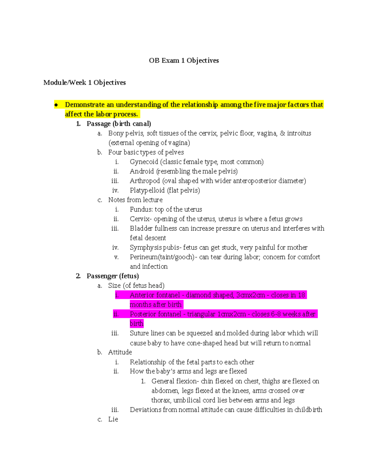 OB Exam 1 Study Guide - OB Exam 1 Objectives Module/Week 1 Objectives Demonstrate an ...