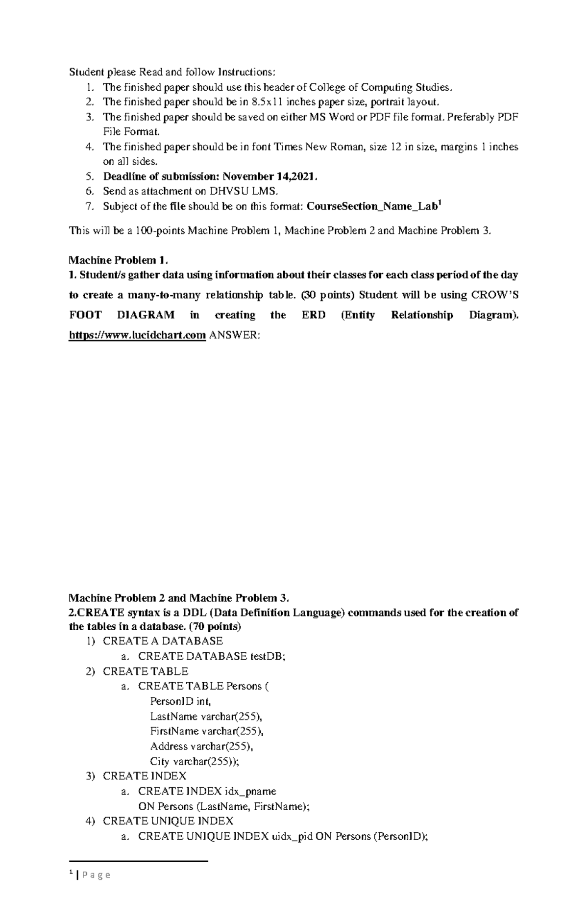 Machine Problem 1 2 3 - Student please Read and follow Instructions: 1 ...